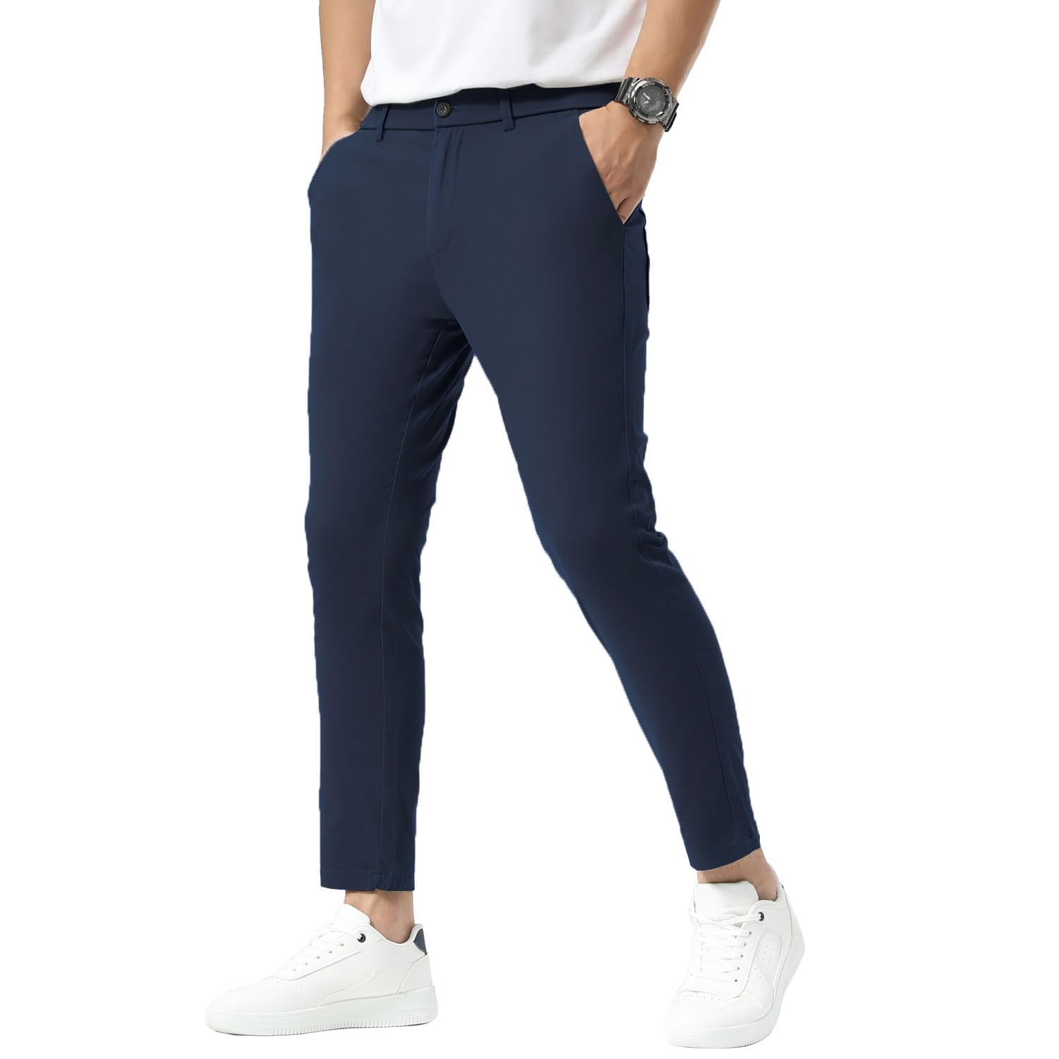 Plaid&Plain Men's Slim Fit Khaki Pants Stretch Cropped Chino Skinny Pants 130201 Navy Blue 32