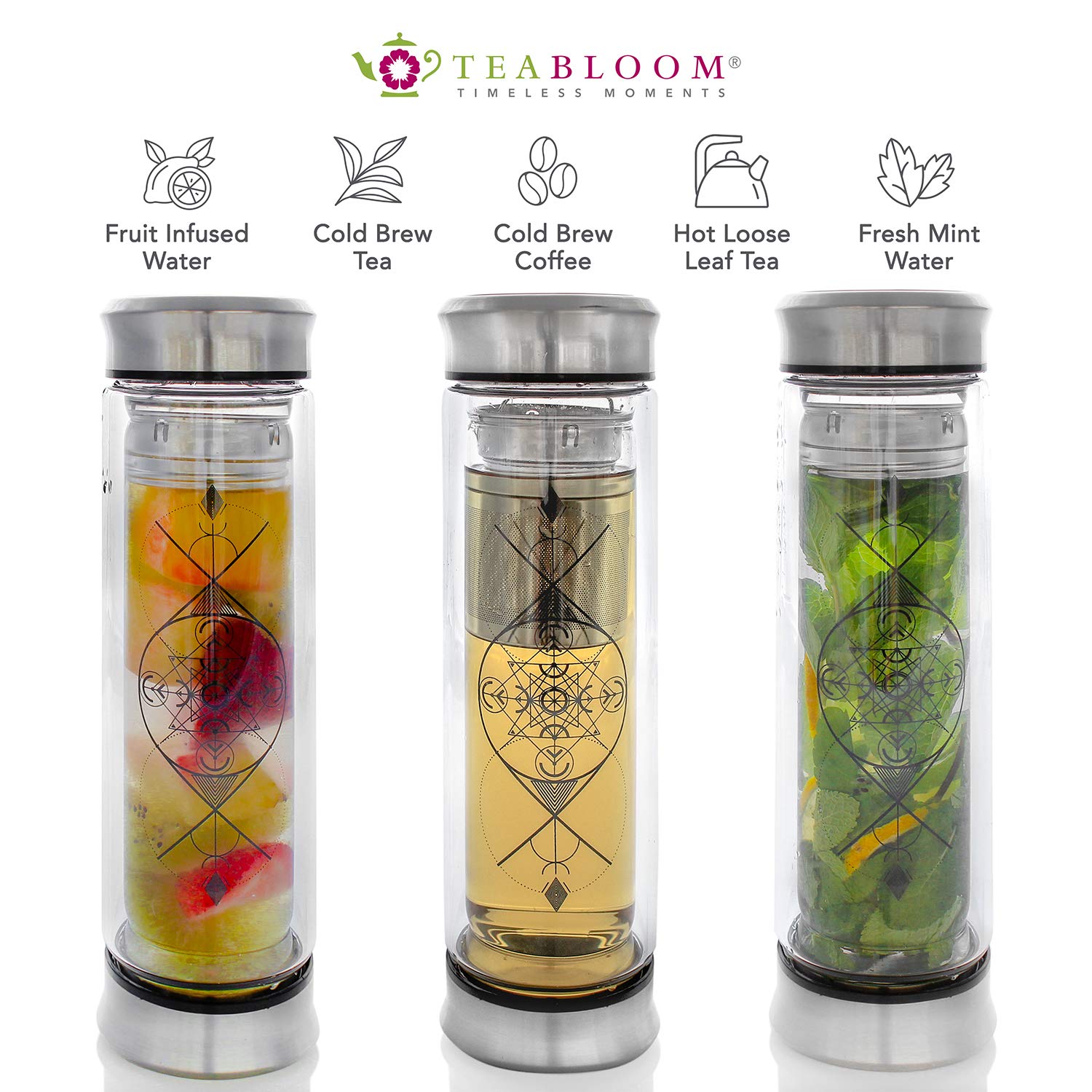 Teabloom All-Beverage Infusion Bottle β 14 oz / 400 ml β Double Wall Insulated Glass Travel Flask β Hot Tea & Cold Brew Coffee Thermos β Removable Sleeve