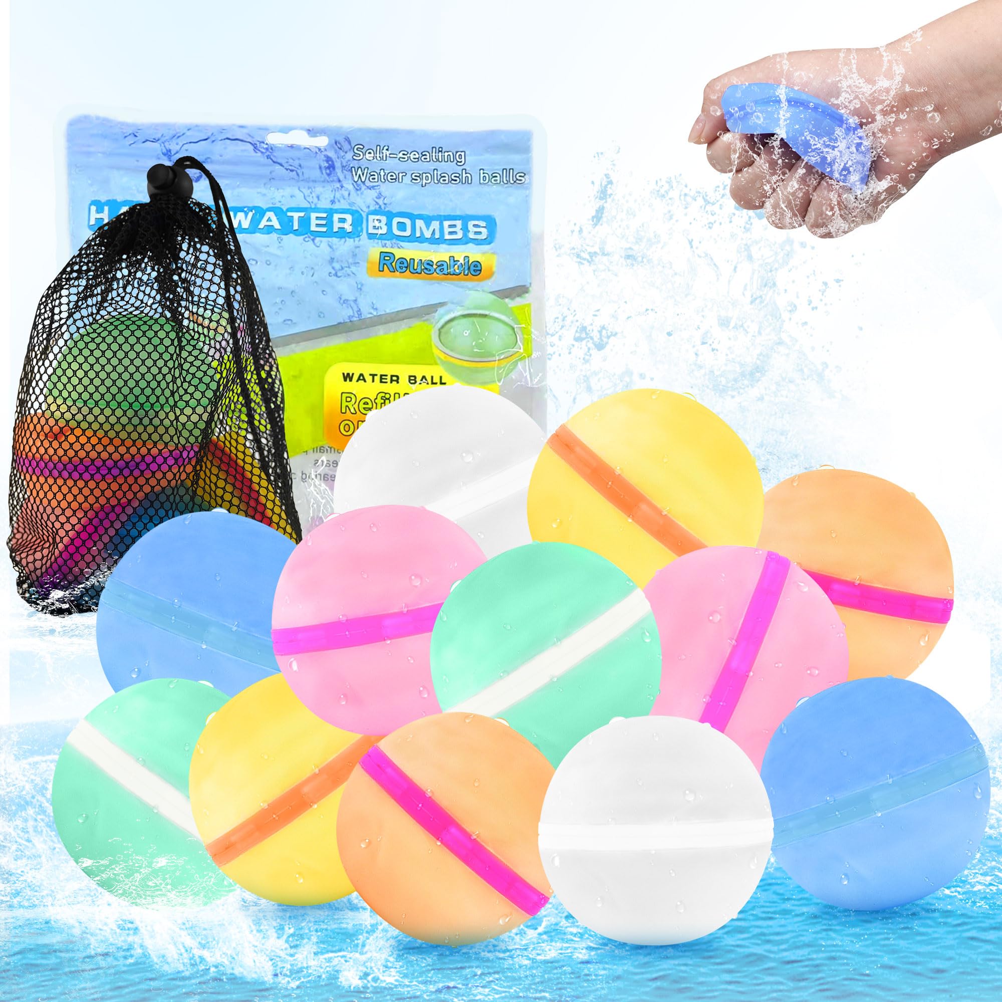 Reusable Magnetic Water Balloons,No Tying Easy Quick Fill, Summer Water Toys, Pool Toys,Refillable Water Balloons, Summer Fun Party Supplies,Bath Backyard Swimming Pool Party Supplies(12Pack)