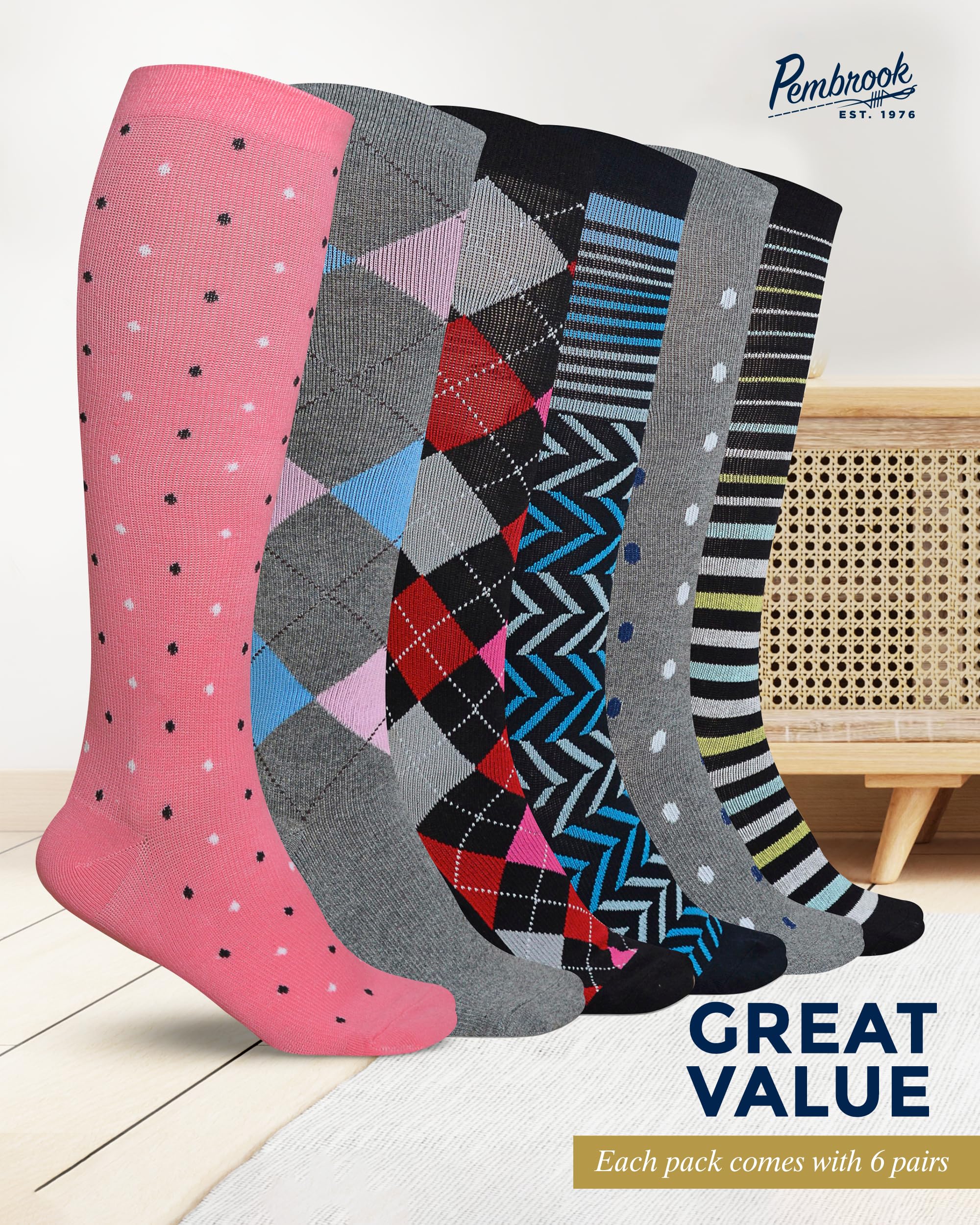 Pembrook Light Compression Socks for Women - 6 Pairs | 8-15 mmHg Compression Socks Women | Polkadots, Polkadots, Argyle, Striped Compression Socks Women | Cotton Compression Socks for Women