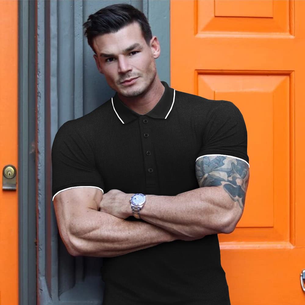 URRU Men's Muscle T Shirts Waffle Stretch Short Sleeve Polo Shirt Casual Slim Fit Workout Tee Shirts Black M