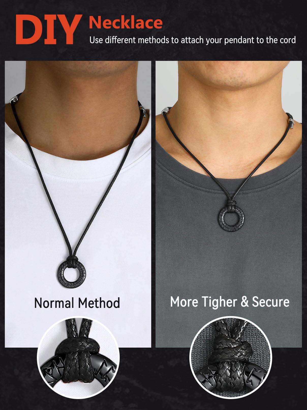 Viking Runes Necklace with Leather Neck Chains Black Stainless Steel Nordic Mythology Rune Charms
