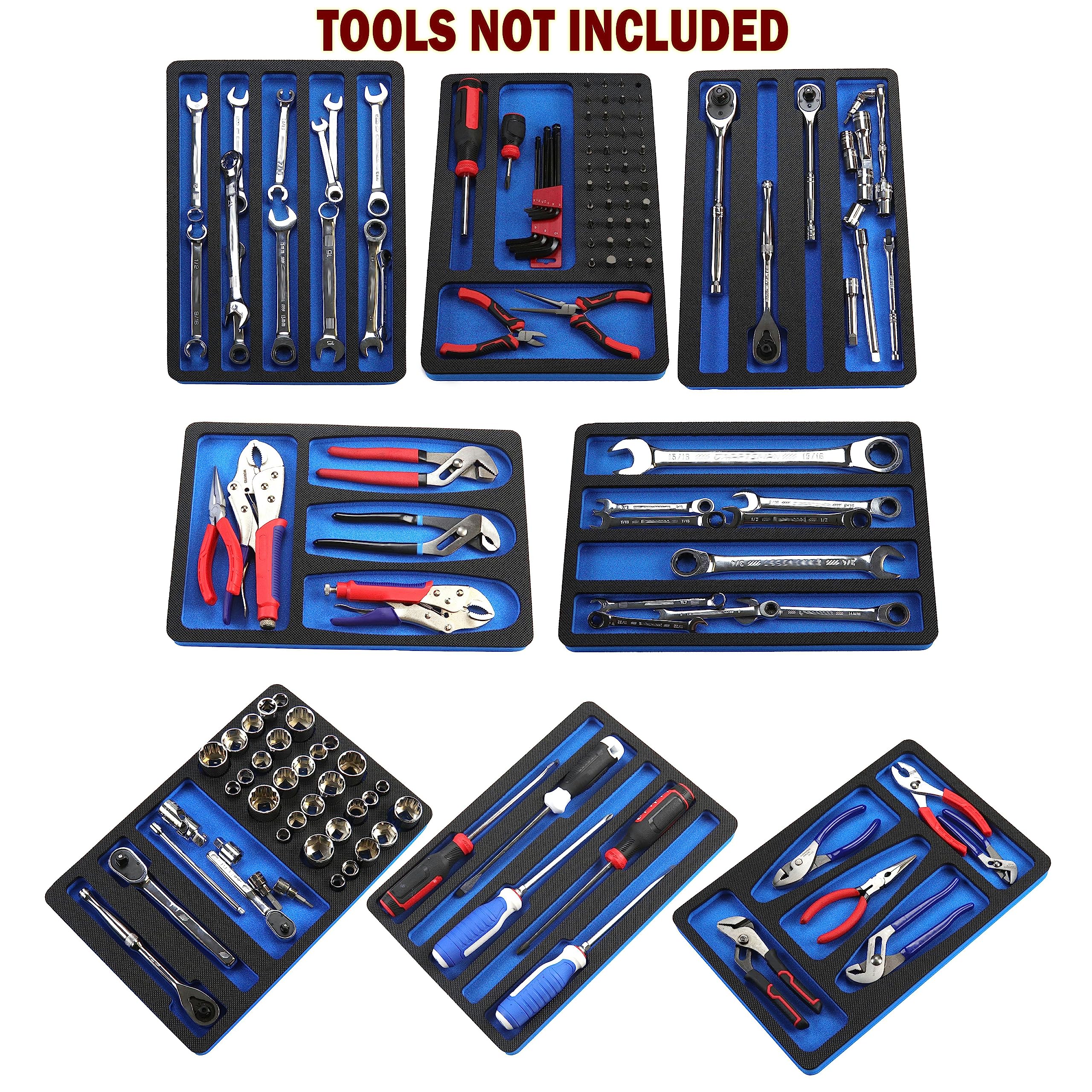 Polar Whale Tool Drawer Organizer 8-Piece Insert Set Blue and Black Durable Foam Holds Many Tools and Accessories 15 x 10 Inch Trays Fits Craftsman Husky Kobalt Milwaukee Many Others
