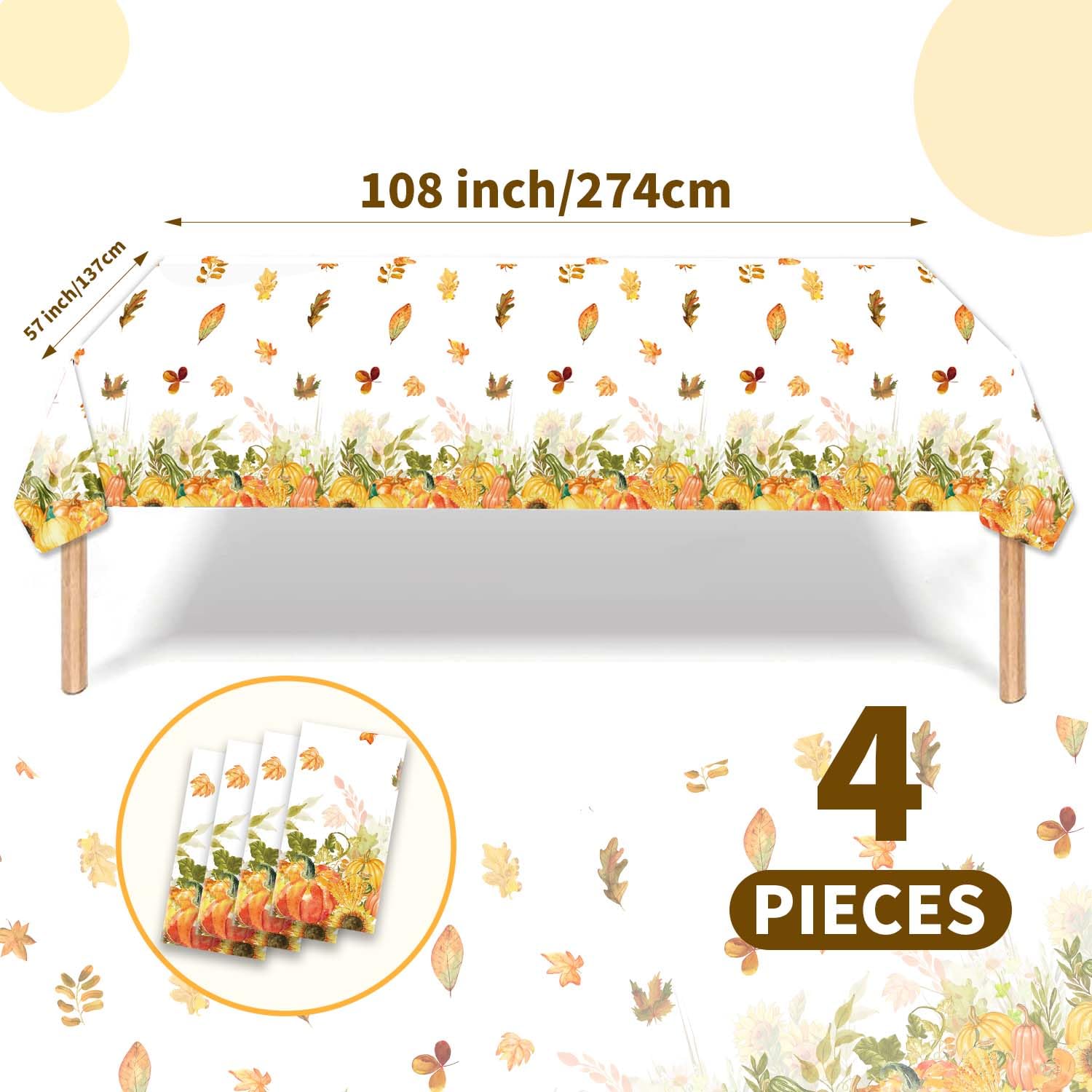 PARSUP 4PCS Thanksgiving Disposable Tablecloth Party Supplies, 108 × 54 inch, Autumn Theme Pumpkin Maple Leaves Fall Tablecloth Plastic Waterproof Tablecover Decorations