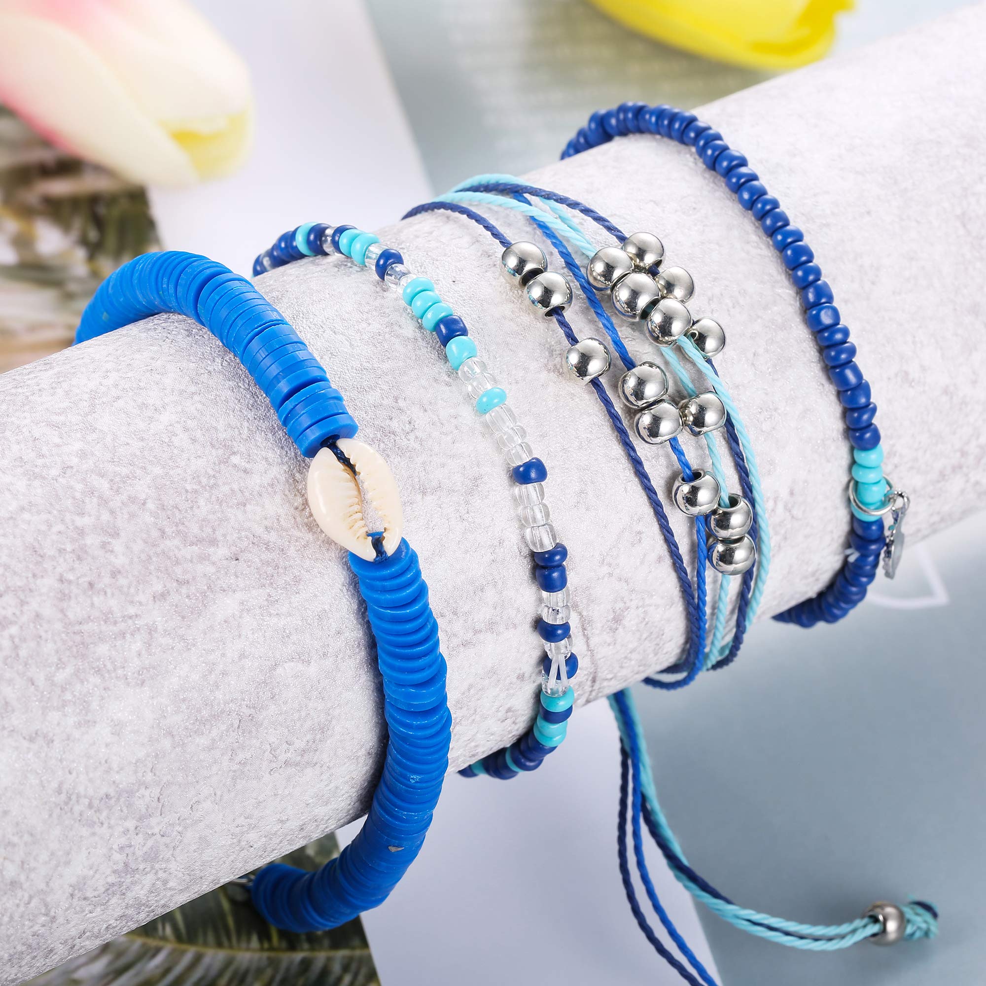 Subiceto 7 Set Wave Strand Vsco Bracelets for Women Waterproof Handcrafted Handmade Braided Rope Wax Coated Boho Woven Bracelet Set