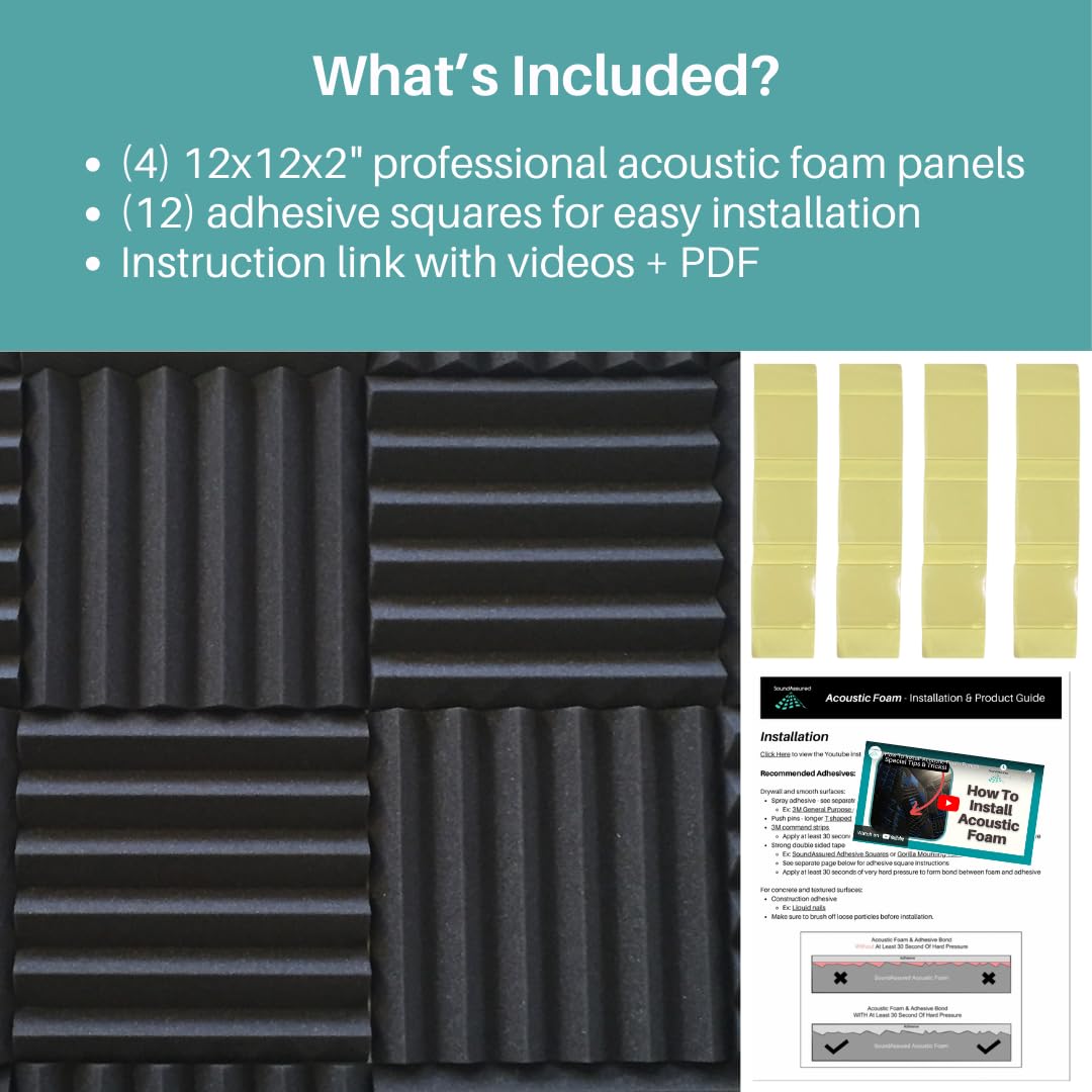 Professional Acoustic Foam Panels - Wedge Style 12x12x2β Tiles - 4 Pack - Studio Foam for Sound Dampening - Soundproofing Foam for Walls and Ceilings (Charcoal Color)