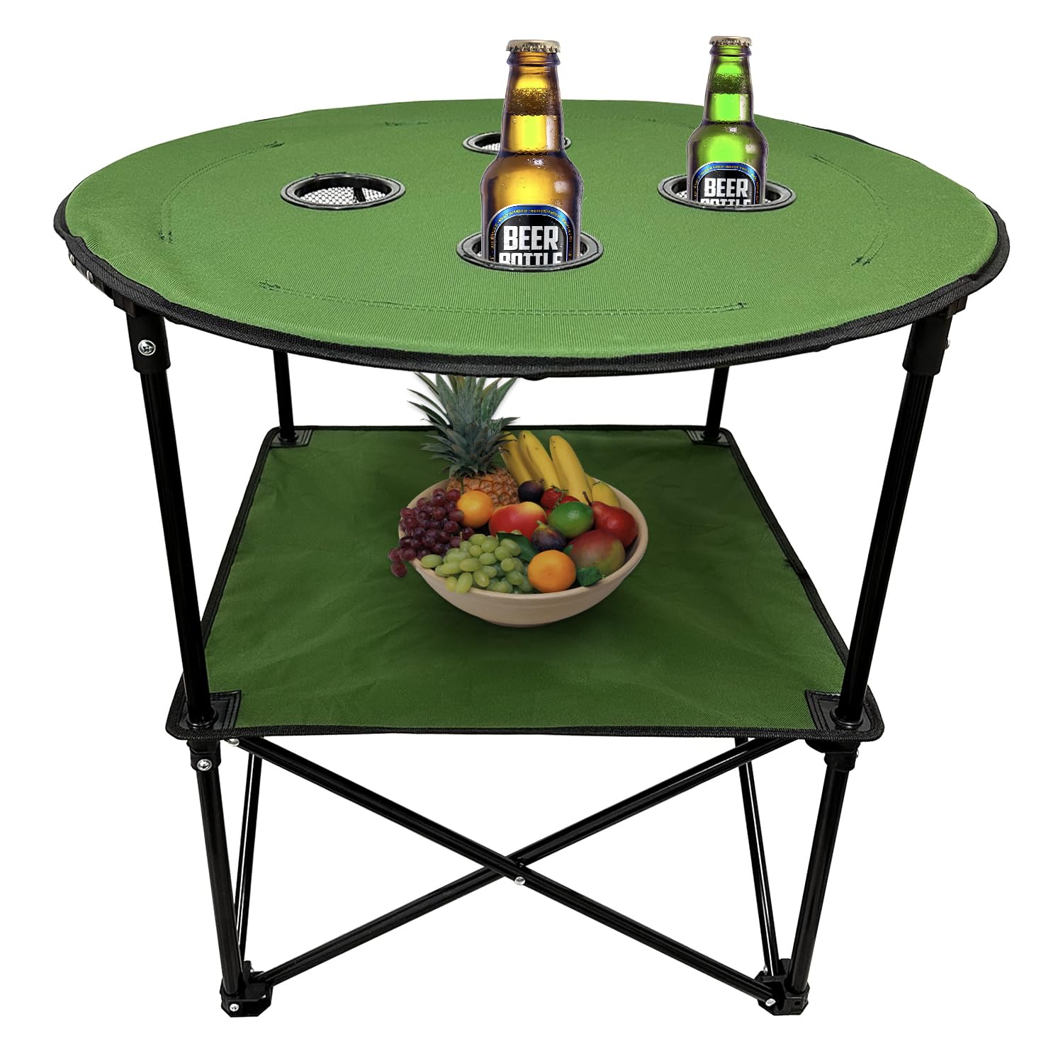 Portable Outdoor Camping Folding Round Table, Double Layer Picnic Table with Four Cup Holes and Carry Bag, Table Suitable for Outside, Beach and BBQ (Army Green)