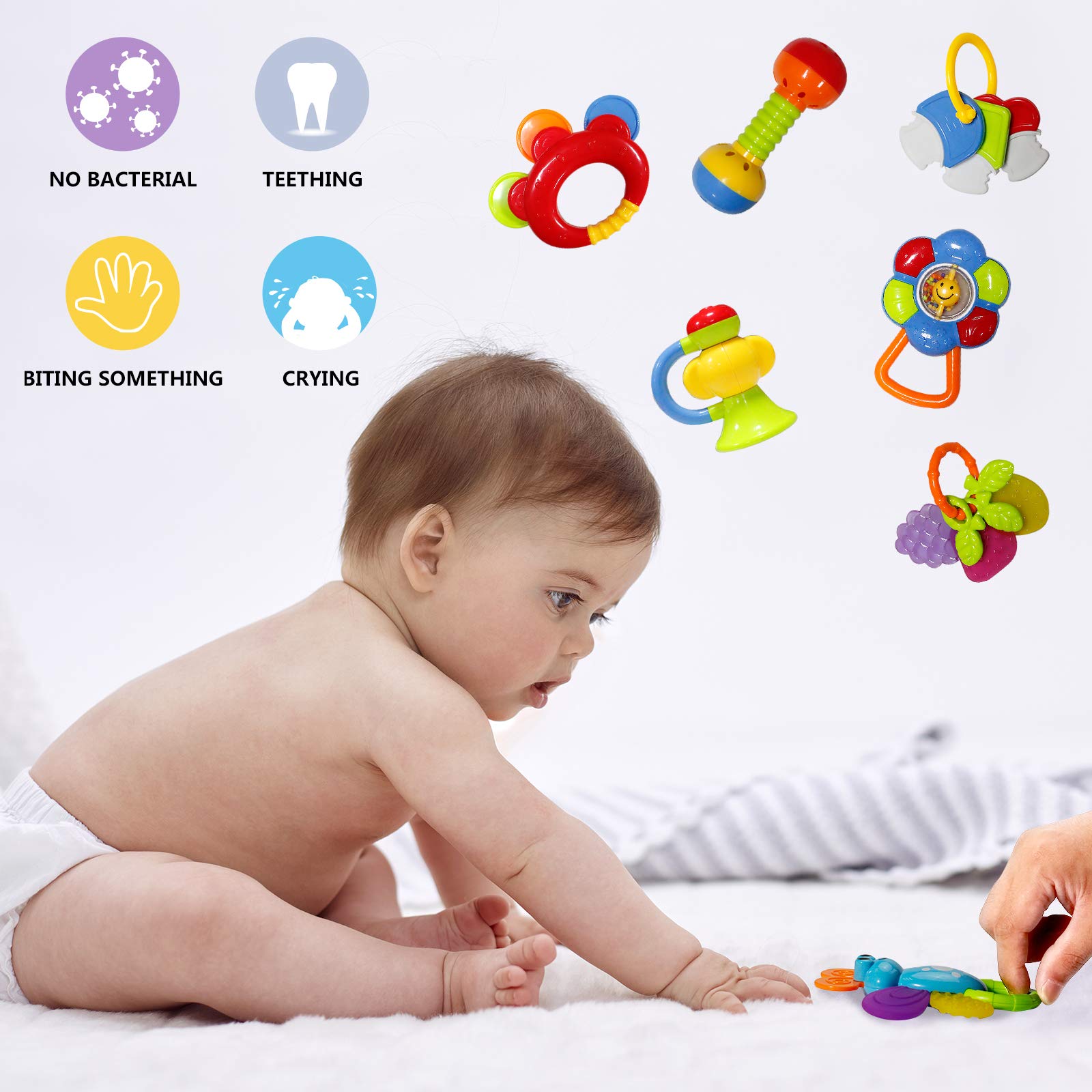 Rattle Teether Set Baby Toys - Happytime 13Pcs Shake Rattle Teethers Early Education Toys for Newborn Infant with Surprise Egg for 3 6 9 12 18Month