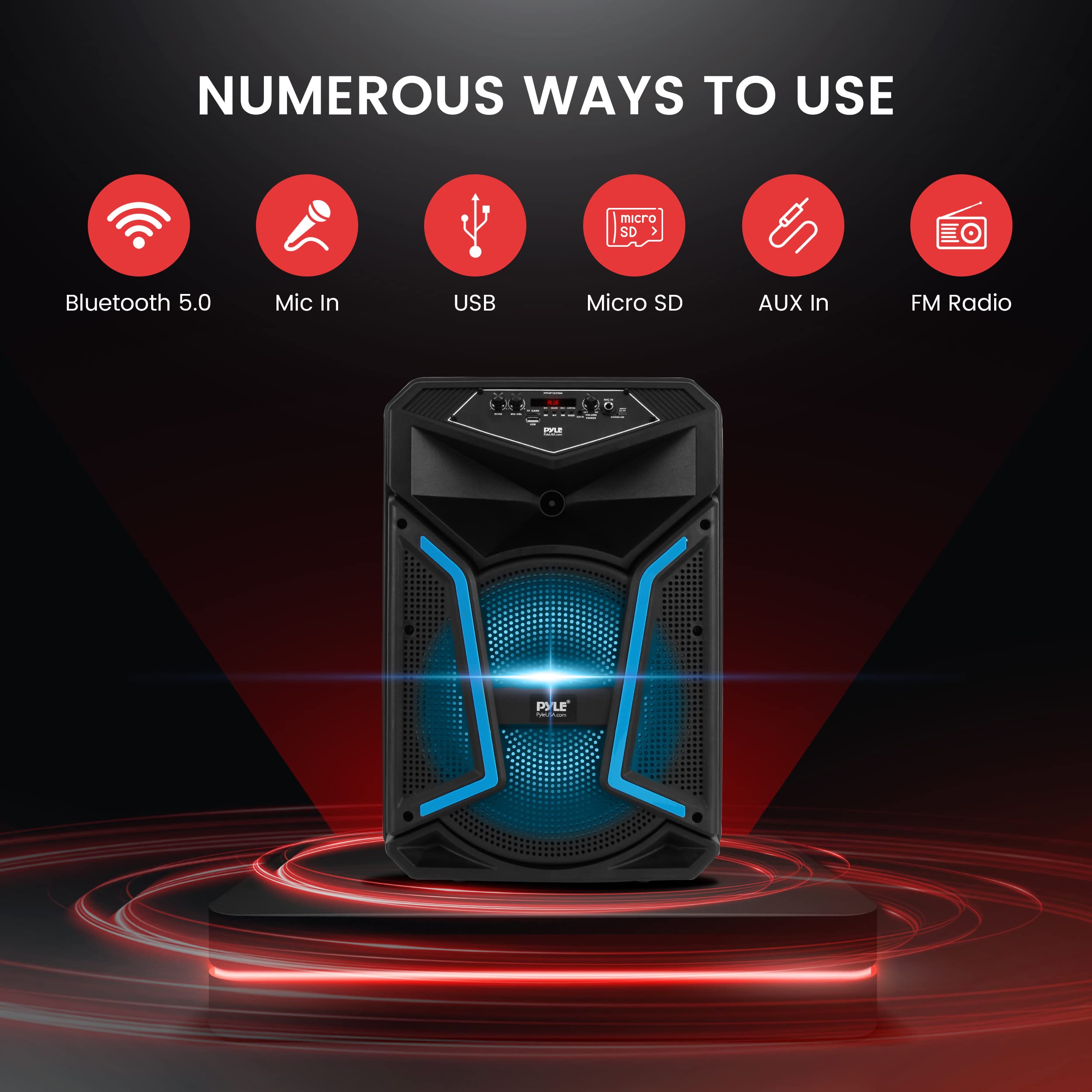 Pyle Portable Bluetooth PA Speaker System - 800W Outdoor Bluetooth Speaker Portable PA System w/ Microphone In, Party Lights, MP3/USB, FM Radio, Rolling Wheels - Mic, Remote - Pyle PPHP122SM,Black