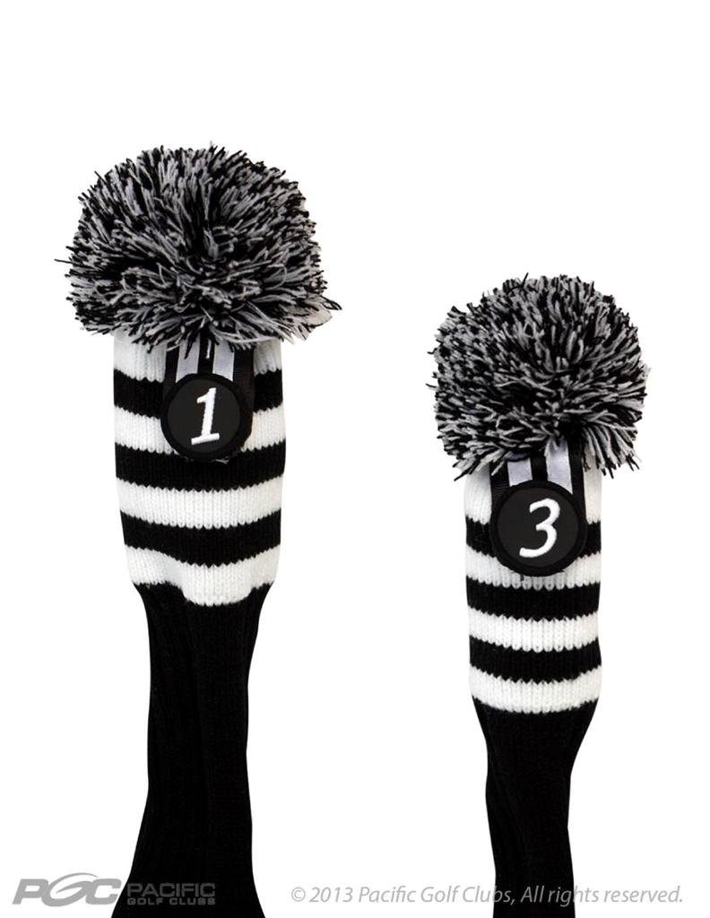 Pacific Golf Clubs Head Covers 1 3 Black and White Knit Retro Old School Vintage Stripe Pom Pom Throwback Classic