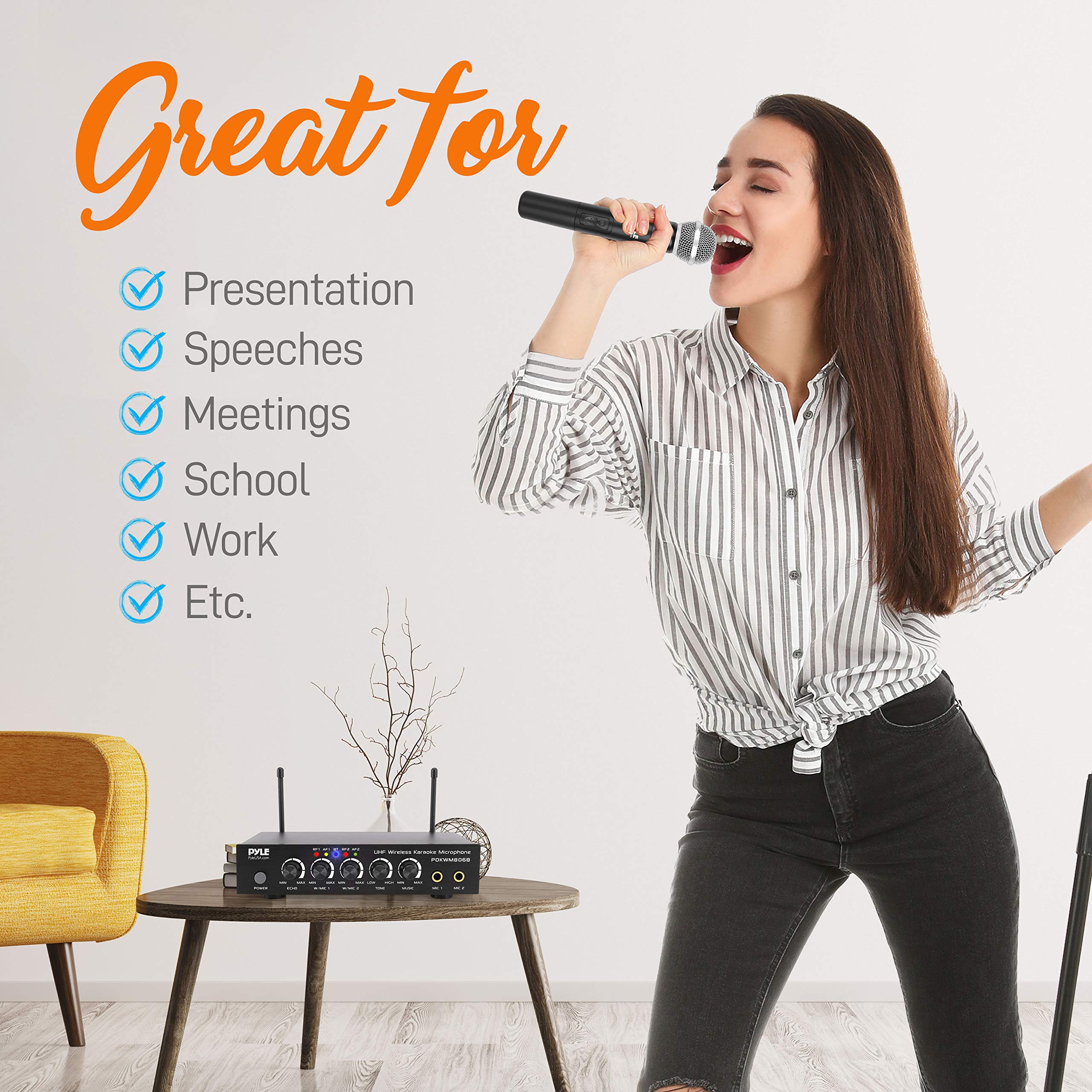 Pyle Portable UHF Wireless Microphone System - Battery Operated Dual Bluetooth Cordless Microphone Set, Includes 2 Handheld Transmitter Mic, Mixer Receiver, RCA, for PA Karaoke DJ Party PDKWM806B