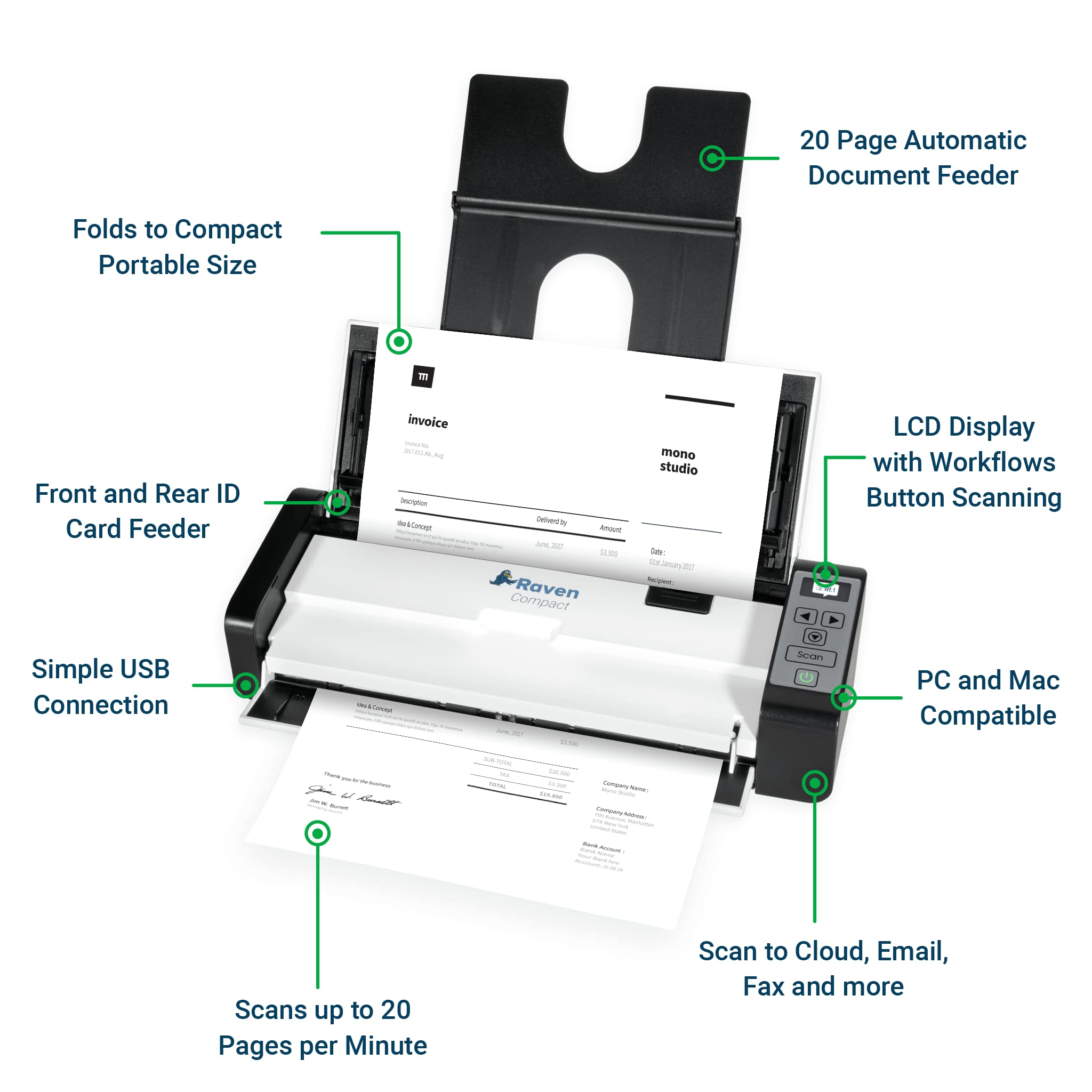 Raven Compact Document Scanner - Fast Duplex Scanning, Ideal for Home or Office, Scan to Mac or Windows PC by USB, Includes Raven Desktop Software