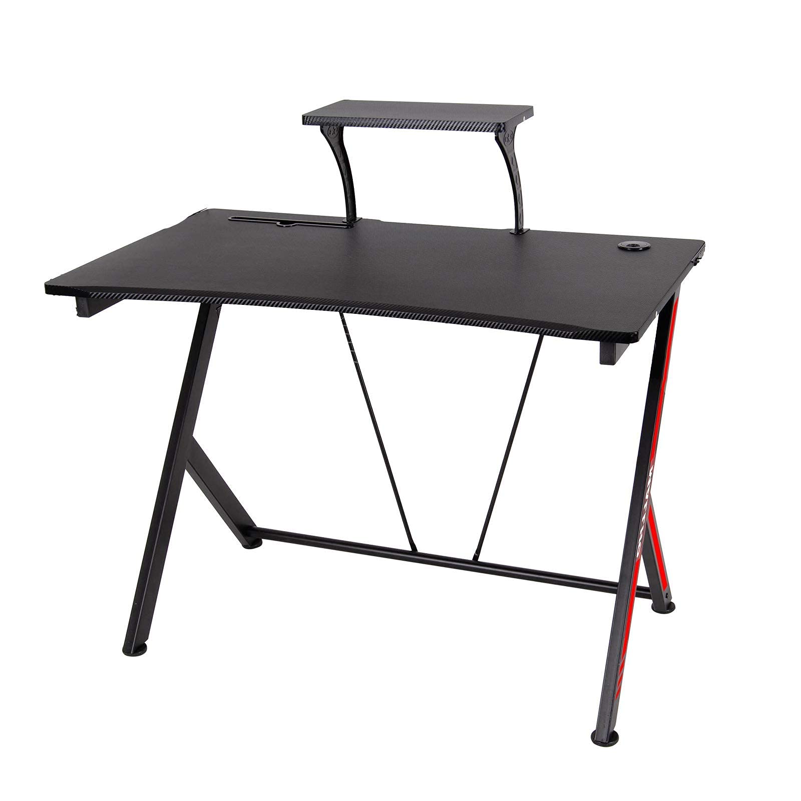 Polar Aurora Y-Shaped Gaming Desk 41.6" W x 24" D Home Office Computer Table, Black Gamer Workstation with Monitor Stand, a Cup and Headphone Hook, Cable Management Hole and a Under-Desk Basket(RED)