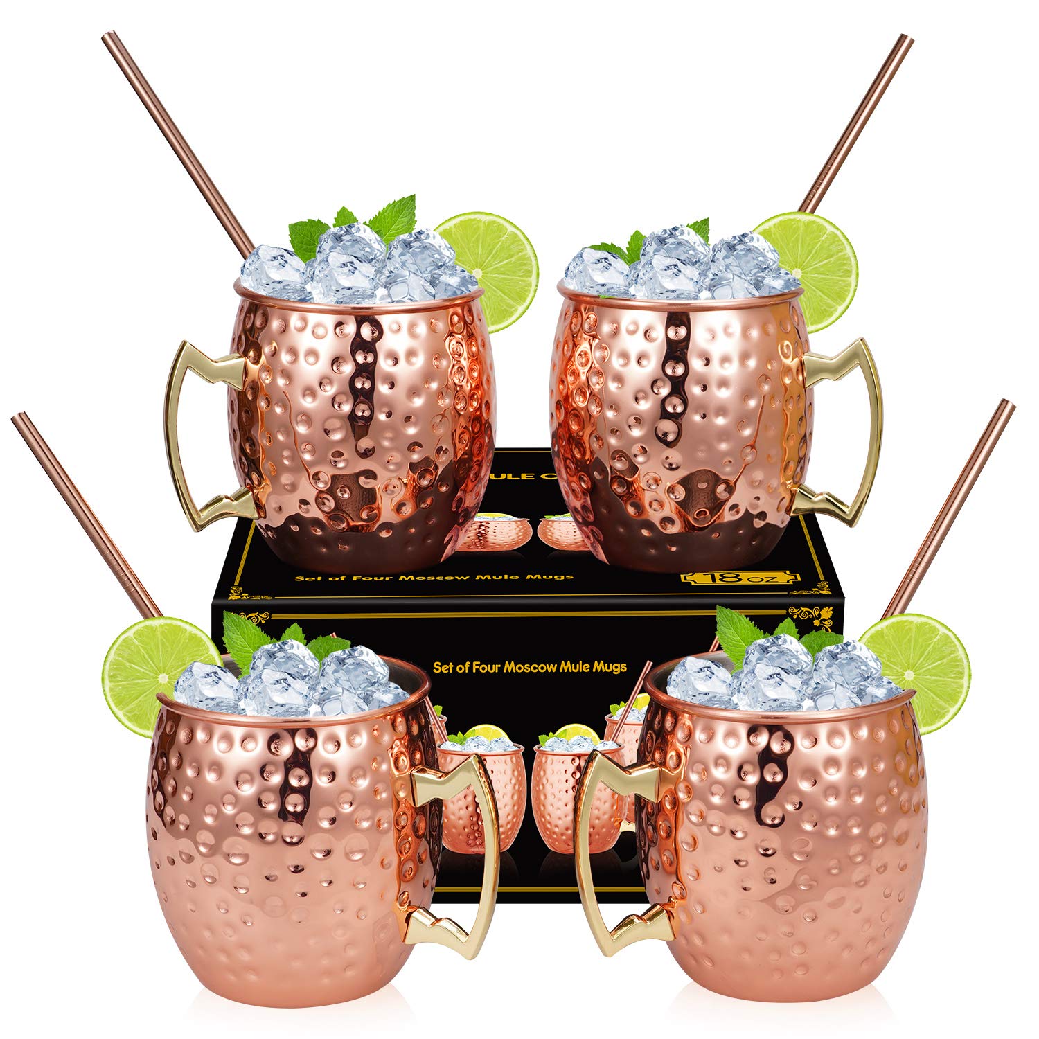 Widousy Moscow Mule Copper Mugs - Set of 4-HANDCRAFTED - Solid Copper Mugs 16 oz Gift Set with BONUS οΌ4 Cocktail Copper Straws