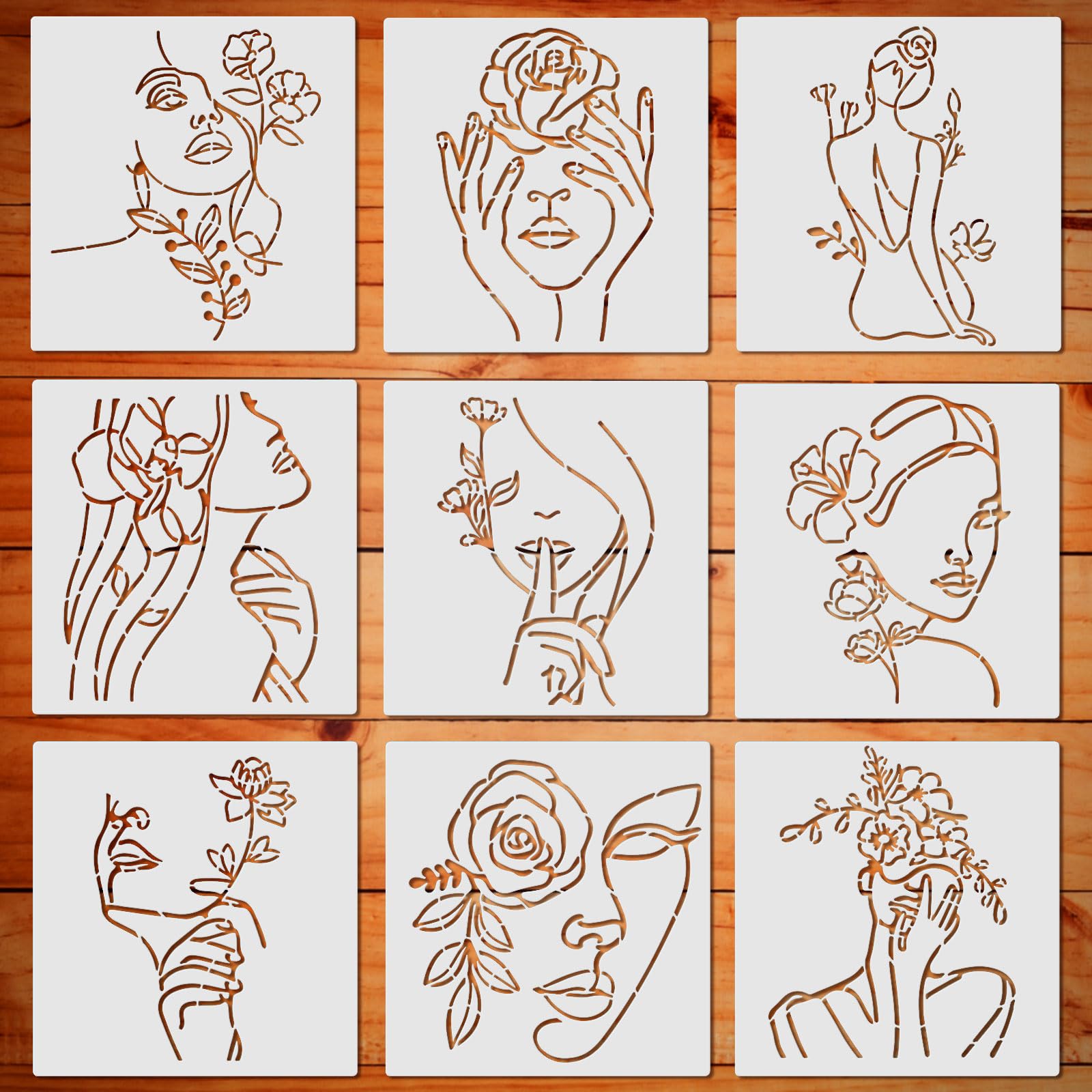 ORIGACH 9PCS 11.8x11.8inch Modern Minimalist Abstract Women Stencil, Floral Female Face Pattern PET Large Stencils Reusable Template for Painting on Wood Wall Canvas