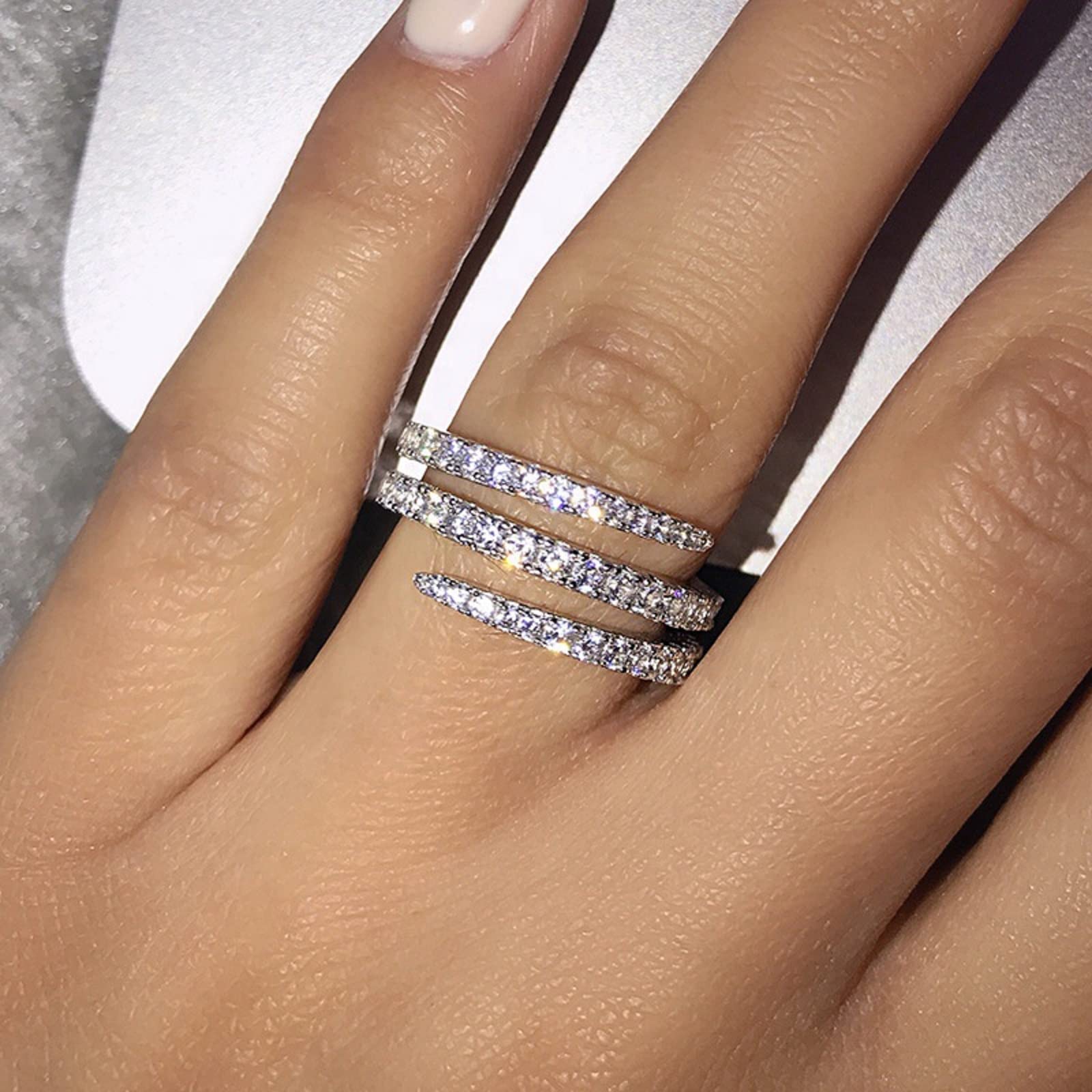 Vsoruln 925 Sterling Silver Shiny Full Diamond Ring three wrap ring Cubic Zirconia Cocktail Rings CZ Diamond Multi Row Ring Eternity Engagement Wedding Band Ring for Women (9)