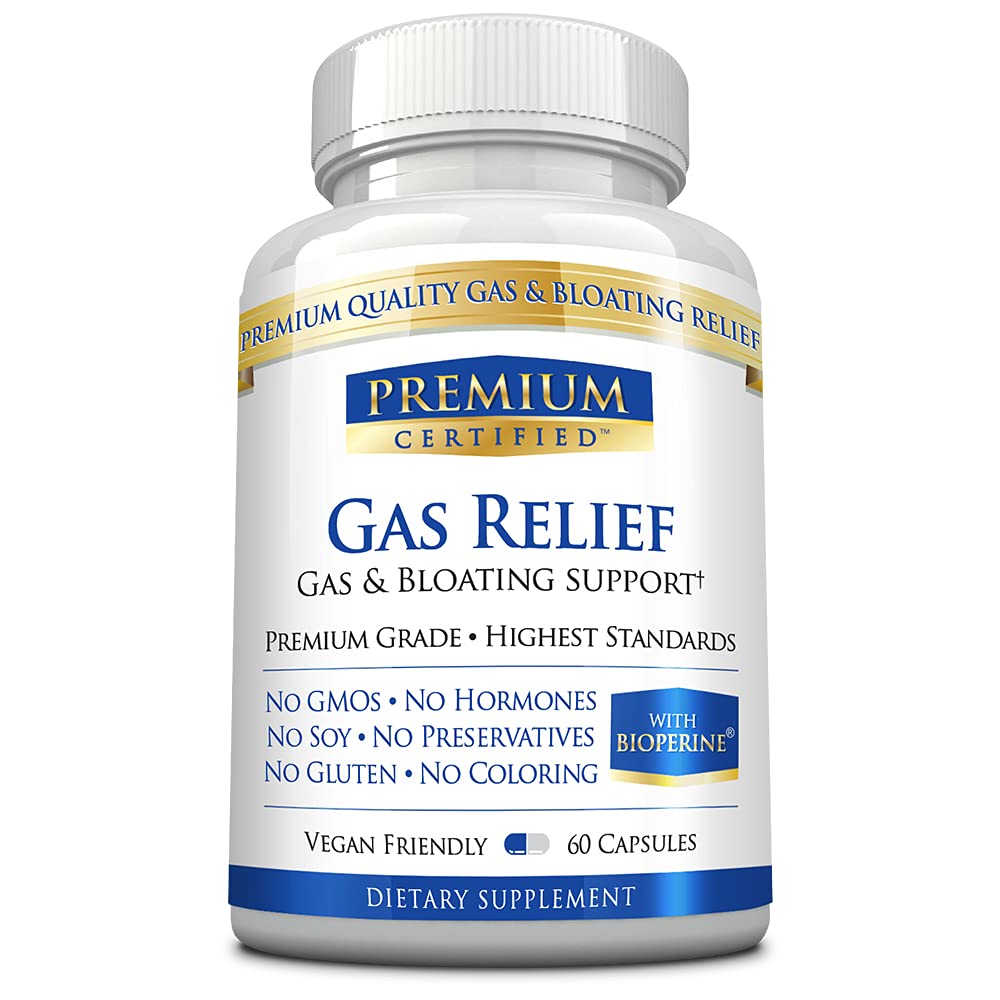 Premium Certified Gas Relief - Soothe Digestive Tract and Bloating - 60 Capsules - with Artichoke, Ginger, and Fennel, Curcumin C3 Turmeric Complex - Non-GMO, Vegan, Made in USA