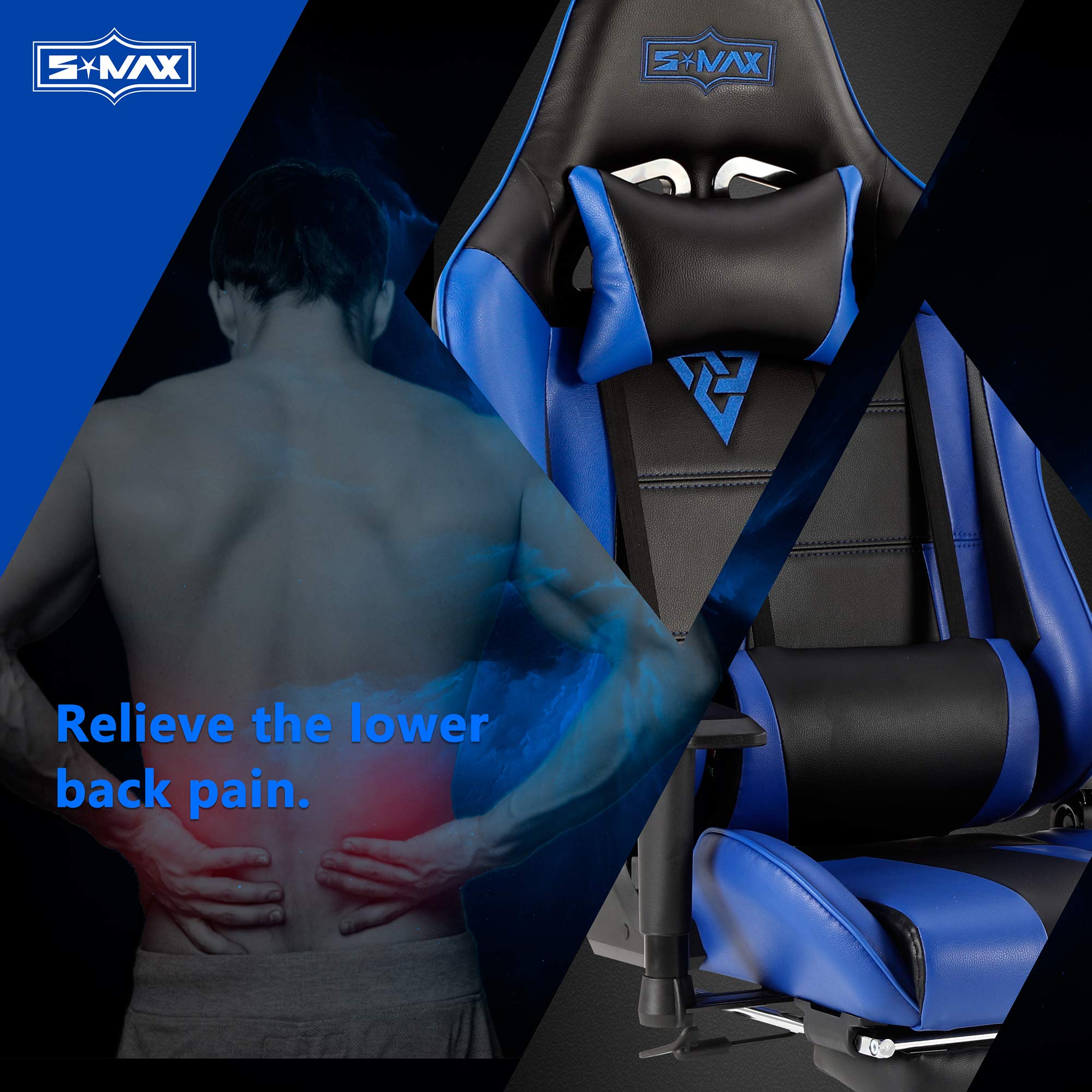 SMAX Gaming Chair with Footrest Racing Office Computer Ergonomic Video Game Chairs PU Leather Headrest and Massager Lumbar Support Adjustable Rolling Swivel Gamer Chair Black and Blue