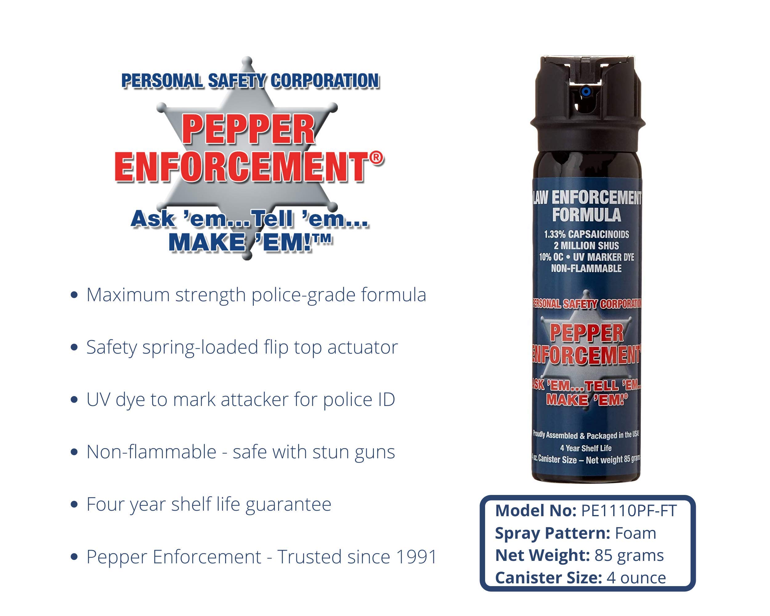 Pepper Enforcement PE1110PF-FT Foam Pepper Spray - 4 oz. Canister - Maximum Strength 10% OC Formula - Emergency Self Defense Personal Protection & Home Safety Black
