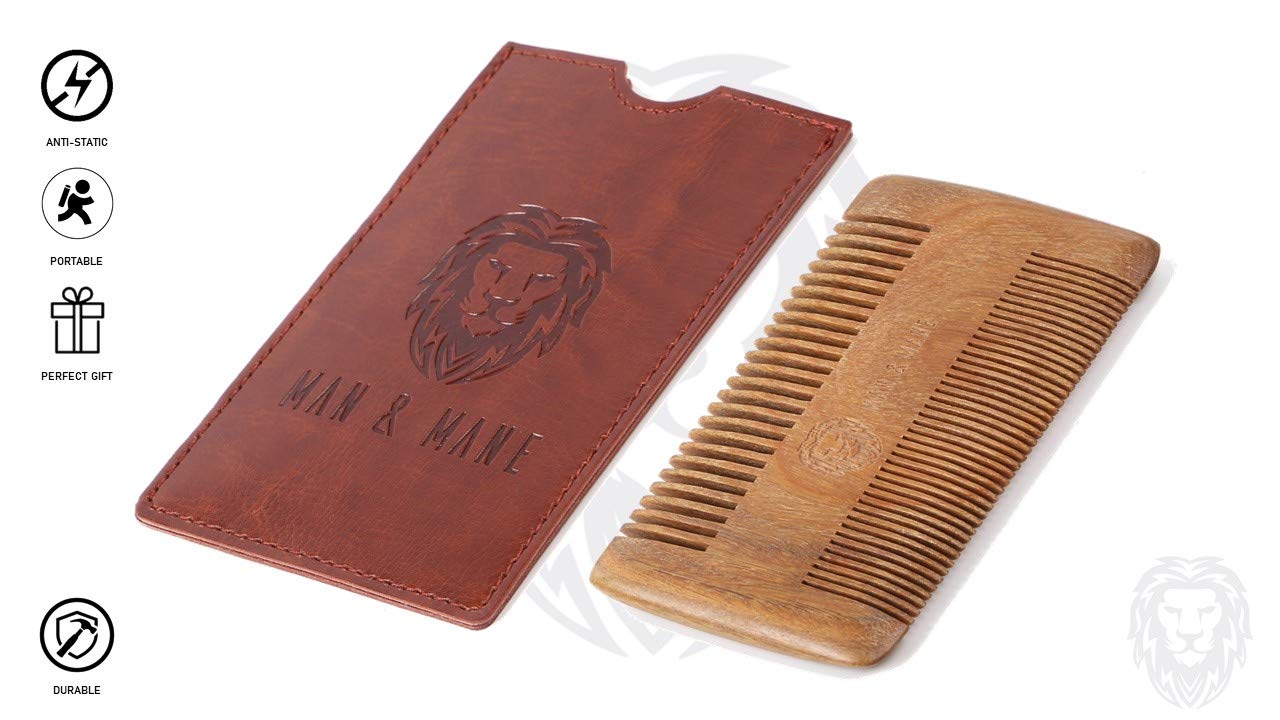 Premium Green Sandalwood Dual-Action Beard Comb with Protective Case β Perfect Beard & Mustache Grooming Companion & Gift by Man & Mane