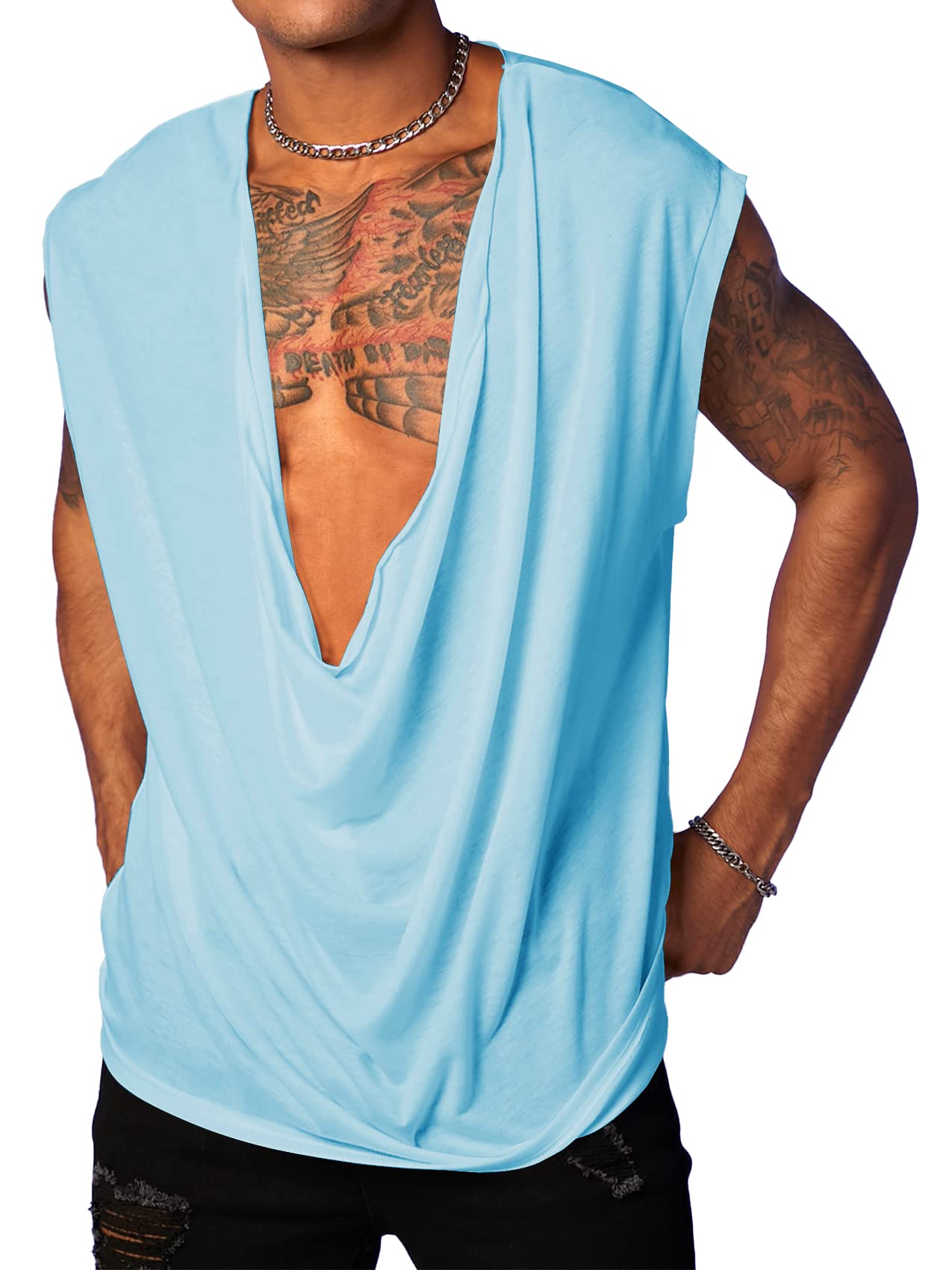 PASLTER Mens Tank Tops Sleeveless T Shirts Deep V Neck Loose Casual Summer Beach Basic Tank Shirts Blue