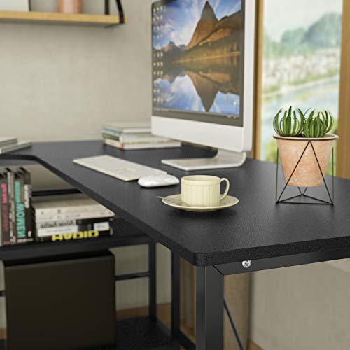 SEISSO Modern L-Shaped Computer Desk with Adjustable Storage Shelves, 55 Inch Black Corner Writing Table Workstation Pc Laptop Gaming Desk with Bookshelf for Home Office Study Bedroom Small Space