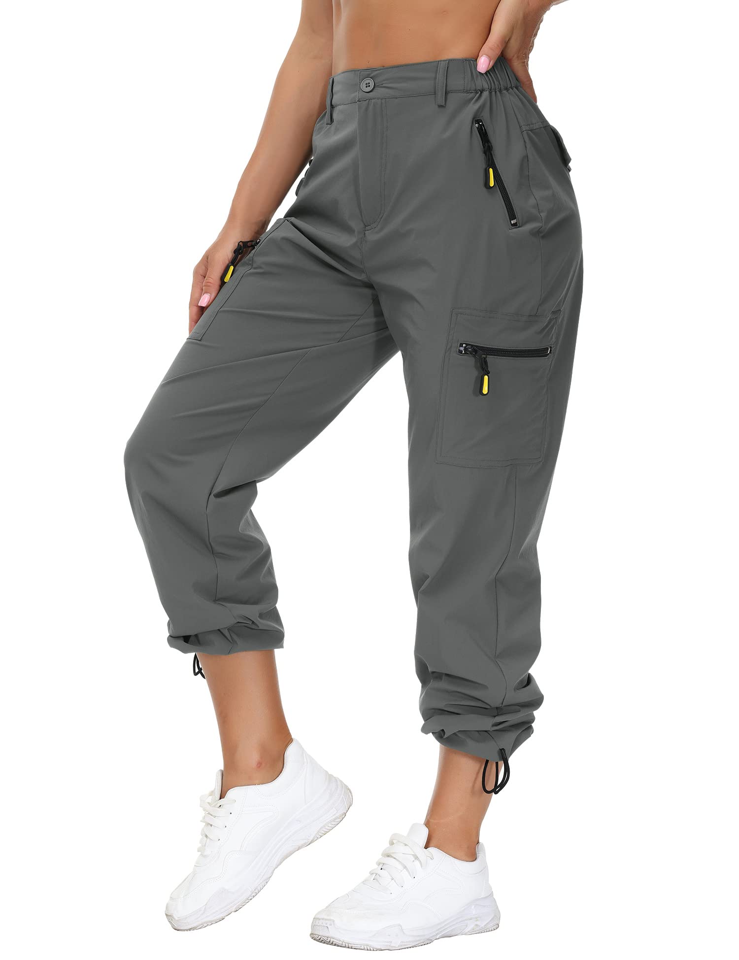 VVK Women's Cargo Hiking Pants Elastic Waist Quick Dry Lightweight Outdoor Water Resistant UPF 50+ Long Pants Zipper Grey Large