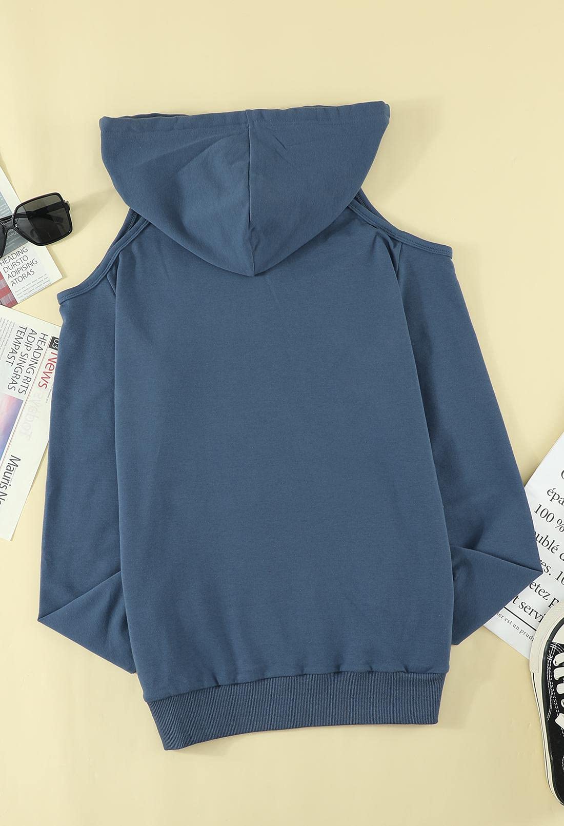 Women Cut Cold Shoulder Hooded Sweatshirt Long Sleeve Pullover Hoodies with Pockets Dark Blue 2XL