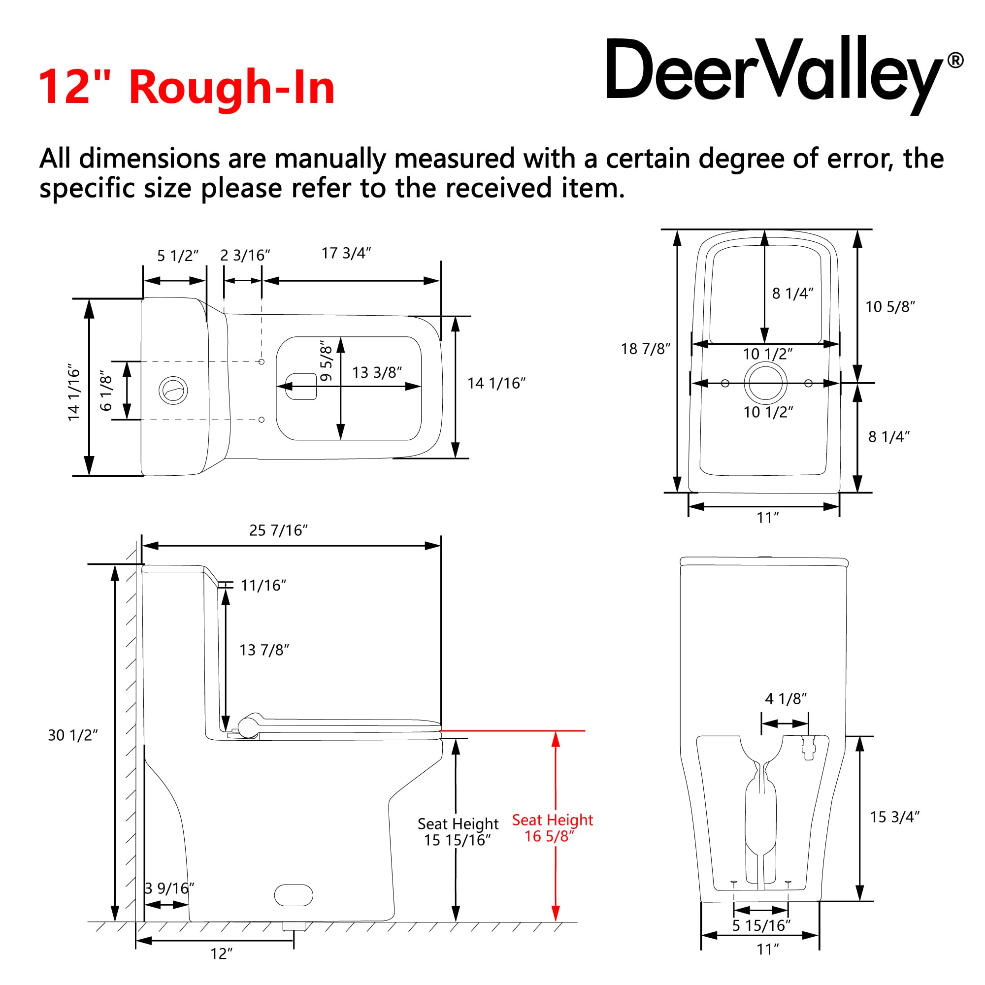 One Piece Toilet, DeerValley DV-1F0071 Modern Elongated Toilet Power Dual Flush 1.1/1.6 GPF Toilet for Bathroom 12" Rough in Rectangular Bowl, 1000g MaP