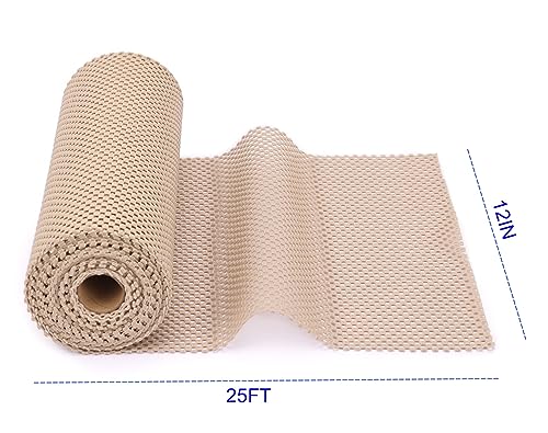 Shelf Liner for Kitchen Cabinets, 12 in x 25 FT, Strong Grip Non-Adhesive Shelf Liner, Waterproof Non-Slip Drawer Liner, Easy to Clean and Install, Perfect for Closets, Tables (Beige, 12in x 25ft)