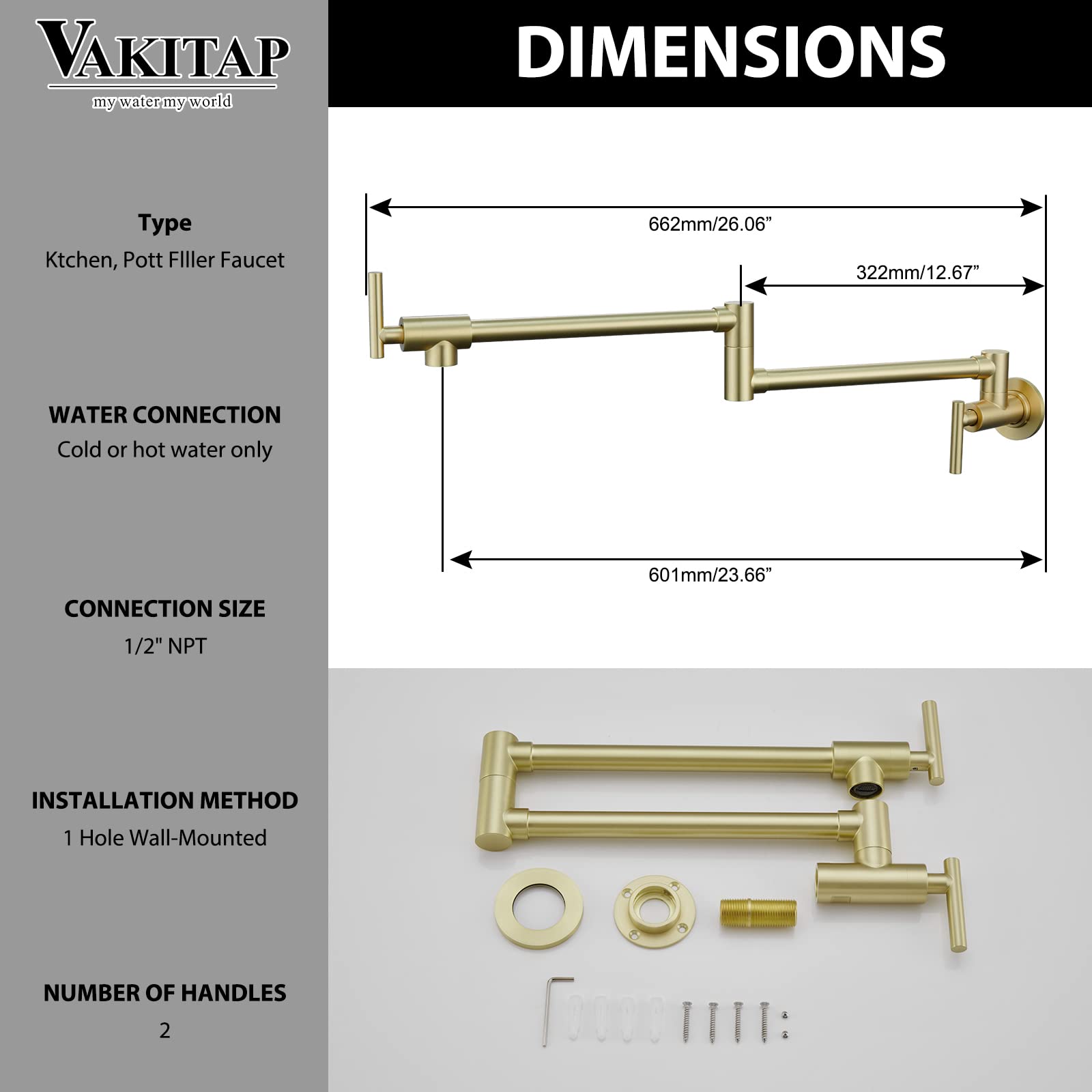 VAKITAP Gold Pot Fillers Wall Mount, Modern Pot Filler Faucet with Double Joint Swing Arm Design, Single Hole 2 Handles Kitchen Pot Filler Faucet, 3004-BG