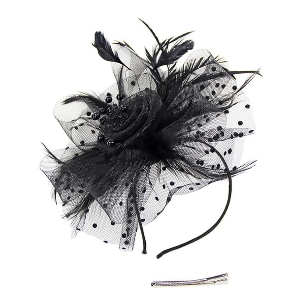 Women Fascinator Hat Wedding Fascinator Pillbox Hat Party Hat Bridal Hair Accessories Feather Flower Dotted Mesh Hat Beaded Black, One Size