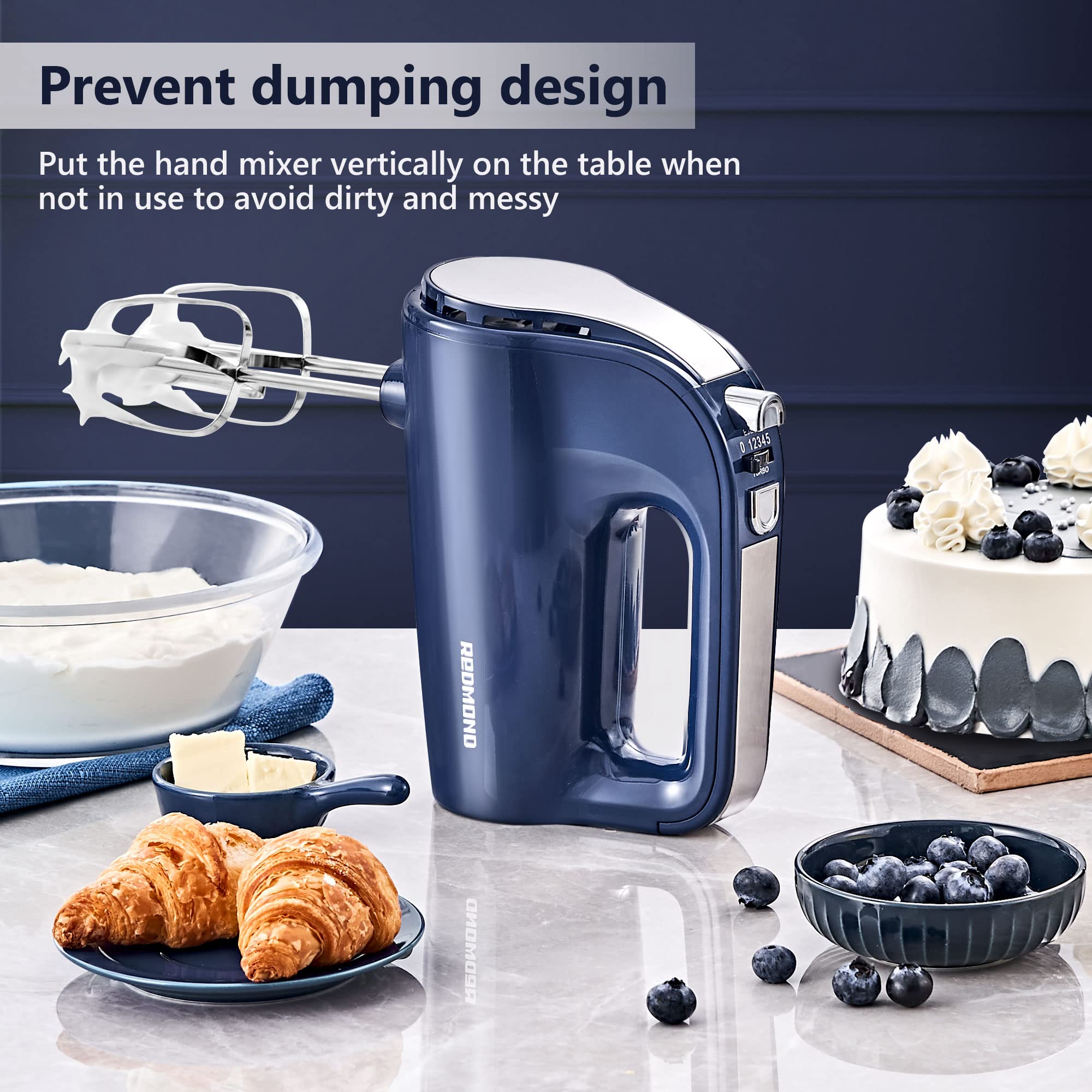 REDMOND Hand Mixer Electric, 250W Power 5-Speed Handheld Mixer, Includes Stainless Steel Beaters and Dough Hooks with Turbo, Easy Eject Button (Navy Blue)