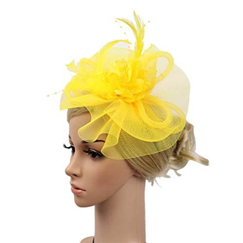 Women Feather Mesh Floral Headband Hair Clip Accessories Band Cocktail Party Hat Wedding Bride Accessories Orange One Size