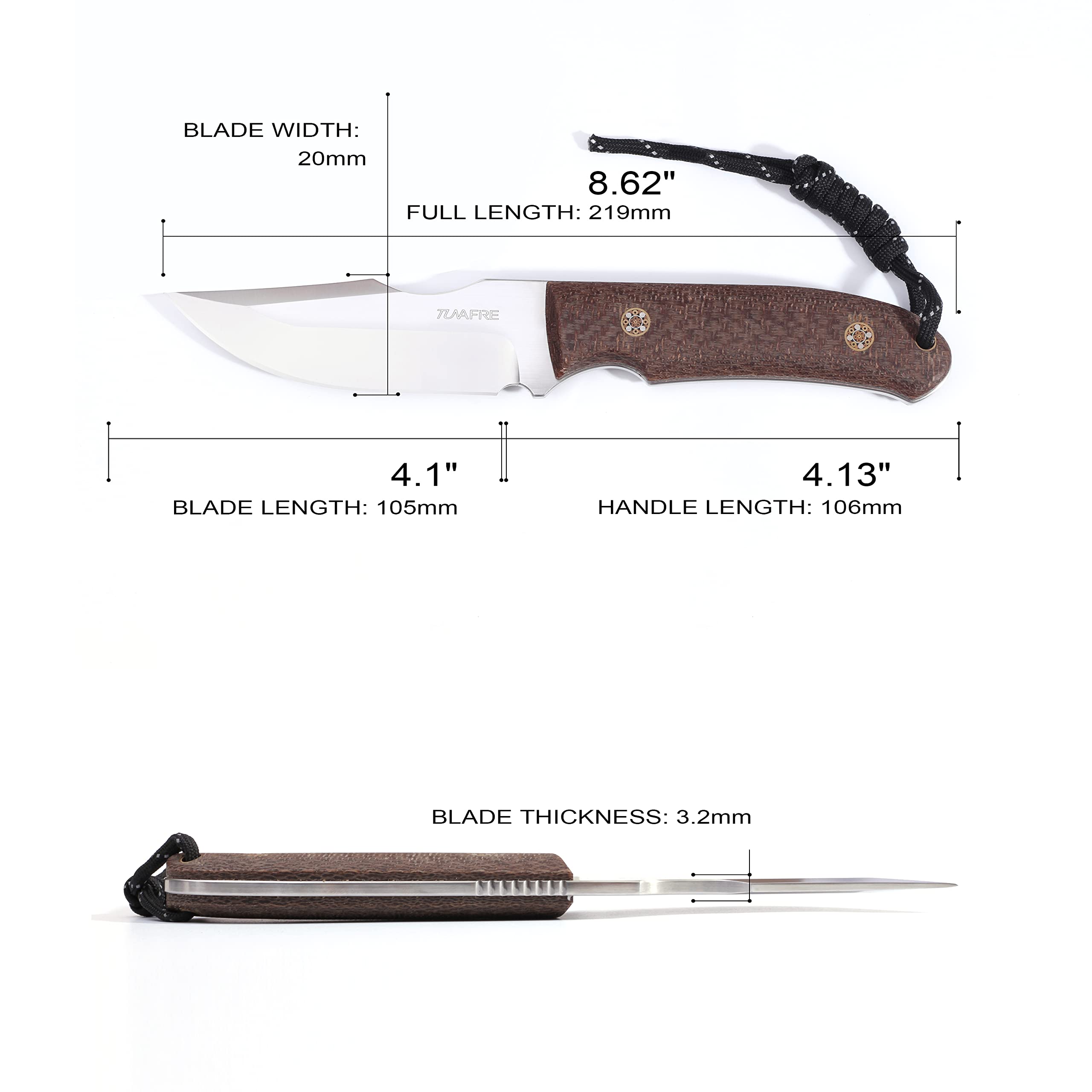 Tunafire Hunting Fixed Blade Knife,D2 Steel Blade Full Tang Knife for Men Survival Bushcraft,EDC Outdoor Camping Knife with Micarta Handle and Kydex Sheath