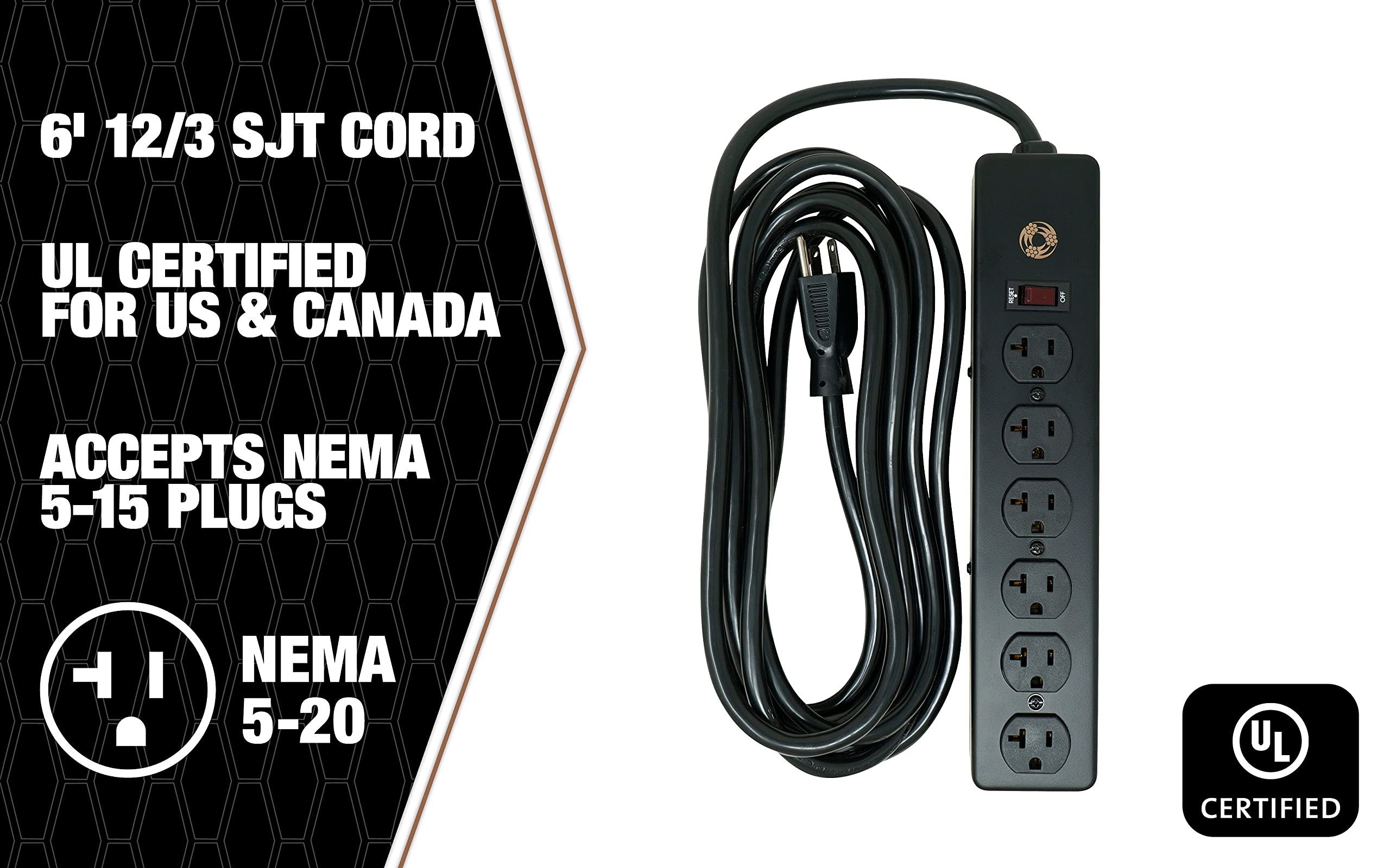 Southwire 5120 20 Amp Rated, 6 Outlet all Metal Power Strip with NEMA 5-20 P&R, 6 Foot 12/3 Cord