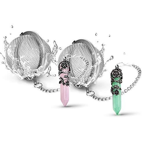 TeaSanavie 2 Pack Healing Crystal Pendant Loose Tea Steeper Tea Infusers Tea Strainers for Couple Gift,Antique Silver Flower Wrapped Natural Gemstone Hexagonal 18/8 Stainless Steel Fine Mesh Tea Ball