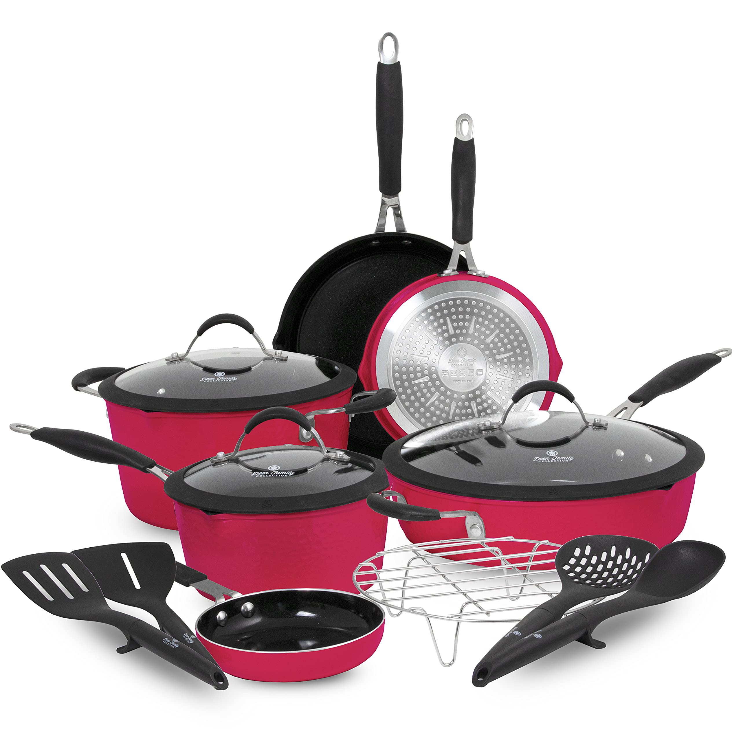 Paula Deen Family 14-Piece Ceramic, Non-Stick Cookware Set, 100% PFOA-Free and Induction Ready, Features Stay-Cool Handles, Dual Pour Spouts and Kitchen Tools (Sea Glass)