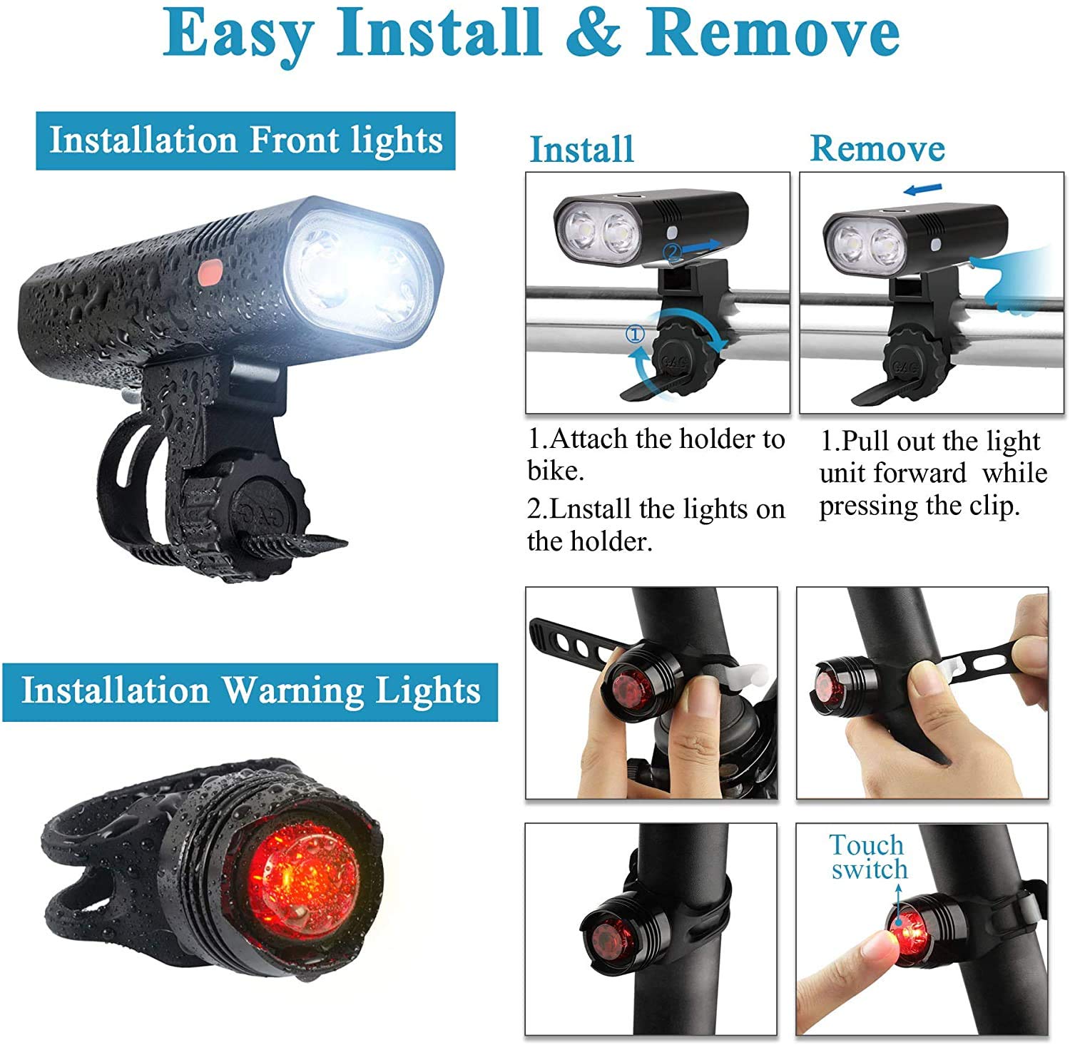 USB Rechargeable 2 LED Bike Lights Set, Super Bright Front and Back Rear Bicycle Light Combo, IPX5 Waterproof 800LM Cycling Light, Mountain Road Helmet Cycle Headlight and Taillight Set (5 Modes)