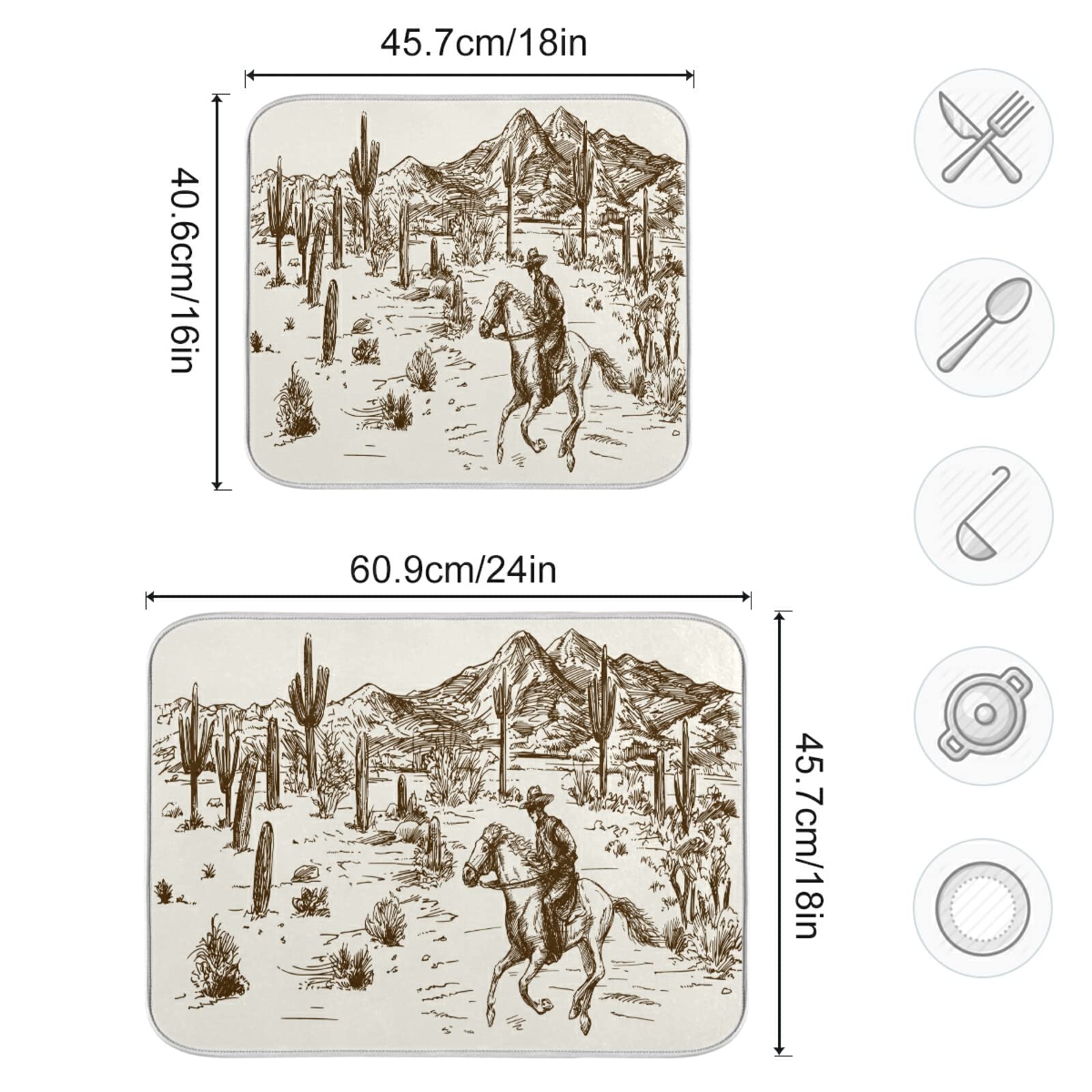 xigua Dish Drying Mat Western Desert Cowboy Absorbent Dry Mats for Dishes Draining Pad for Kitchen Countertop 16" x 18"