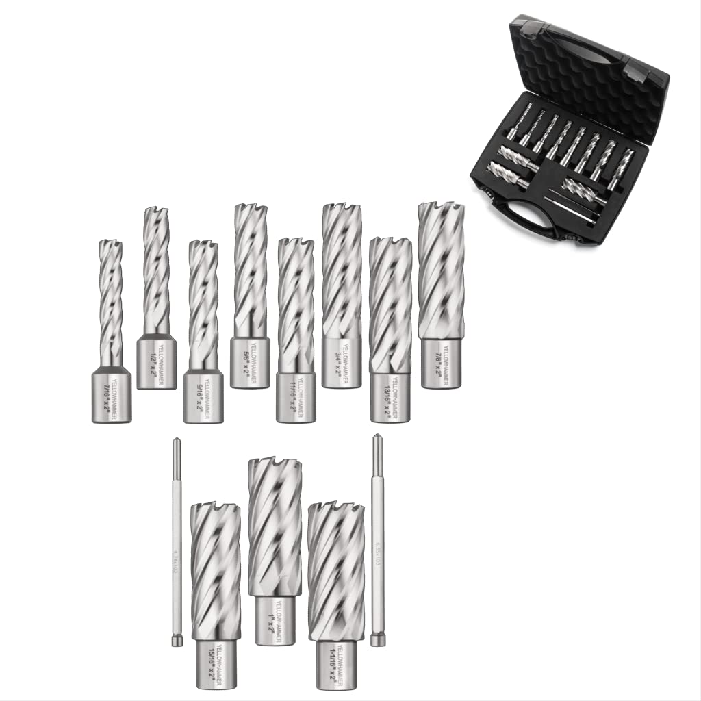 Yellowhammer 13 PC Premium Annular Cutter Set, 3/4β Weldon Shank, 2β Cutting Depth, Diameters: 7/16",1/2",9/16",11/16",5/8",3/4",13/16",7/8",15/16",1",1-1/16"), 2 pilot pins (4.74x102mm, 6.34x103mm)