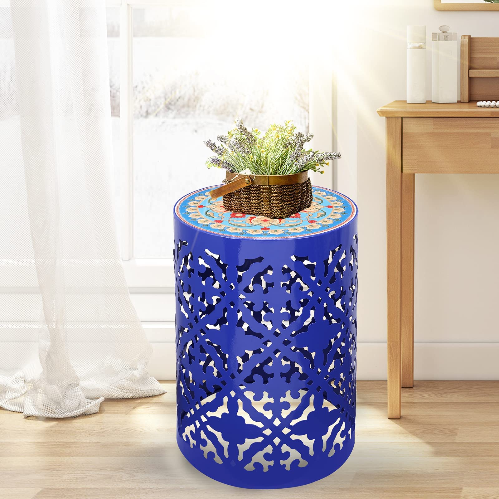 Patio Accent Table Outdoor Mosaic Side Table Metal End Table Lace Cut Outside SideTable with Tile Top Outdoor Coffee Table Garden Stool
