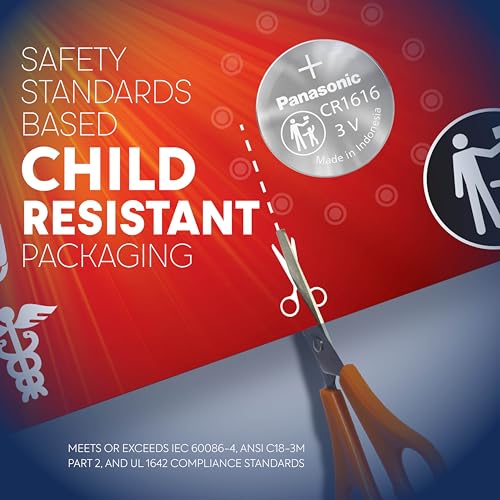 Panasonic CR1616 3.0 Volt Long Lasting Lithium Coin Cell Batteries in Child Resistant, Standards Based Packaging, 2-Battery Pack