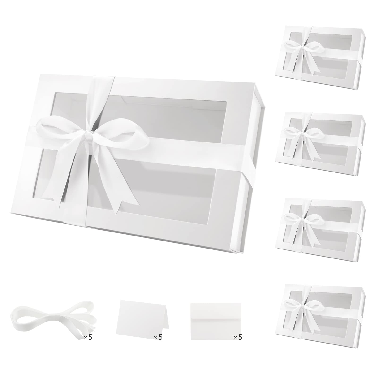 PACKQUEEN 5 Large White Gift Boxes with Windows, 13.5x9x4.1 Inches Clear Gift Boxes for Presents Contain Ribbons, Cards, Bridesmaid Proposal Boxes, Gift Boxes with Magnetic Lids (Glossy White)