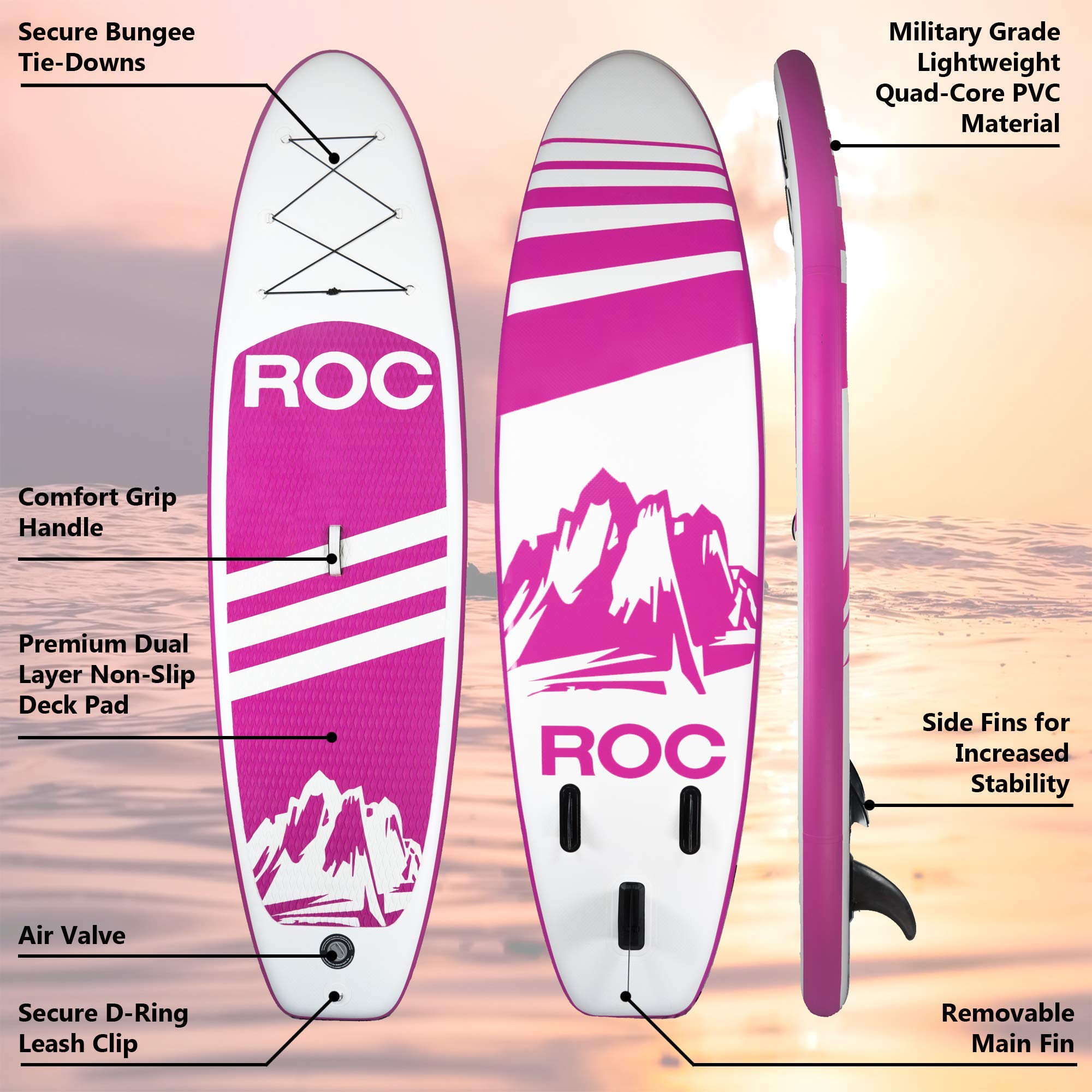 Roc Inflatable Stand Up Paddle Boards with Premium SUP Paddle Board Accessories, Wide Stable Design, Non-Slip Comfort Deck for Youth & Adults (Pink-Pink)