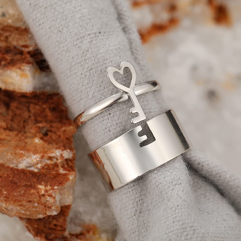 Vintage Couple Ring Mushroom Love Key Ring Wedding Bands Sets for Him and Her (Heart shaped key) Silver