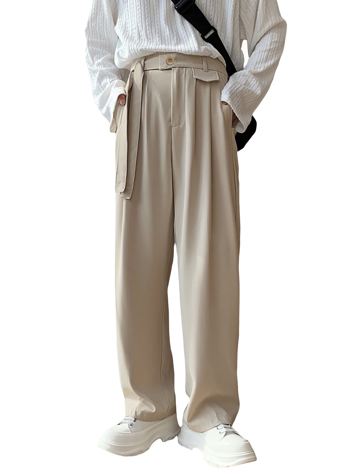 OYOANGLE Men's Fold Pleated Straight Wide Leg Suit Pants Business Casual Pants with Pocket Khaki Large