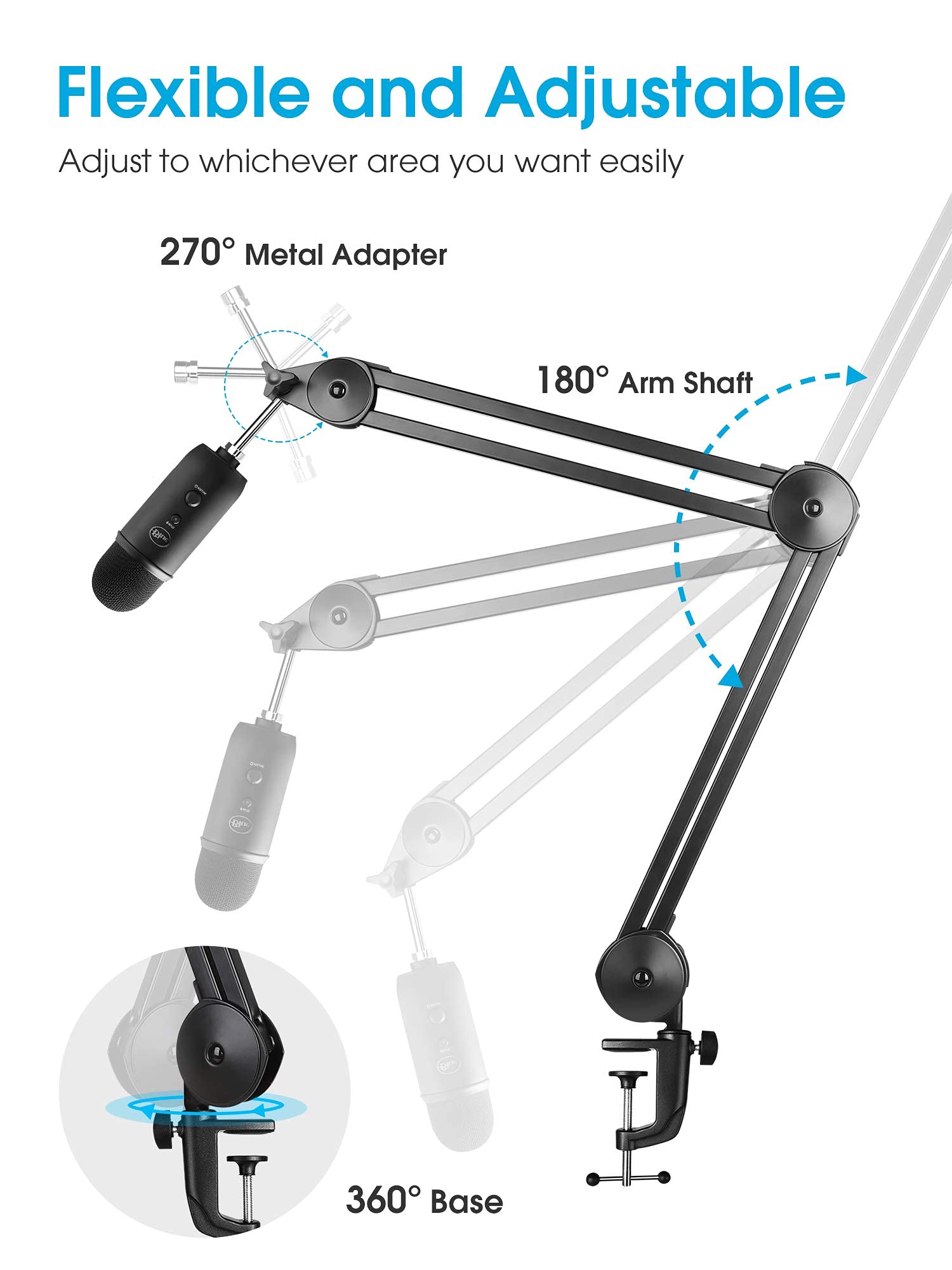 Puroma Microphone Arm Stand Adjustable Suspension Boom Scissor Arm Stand Upgraded Heavy Duty Microphone Stand with 5 Ties for Blue Yeti, Snowball, and Blue Yeti Nano (Medium)