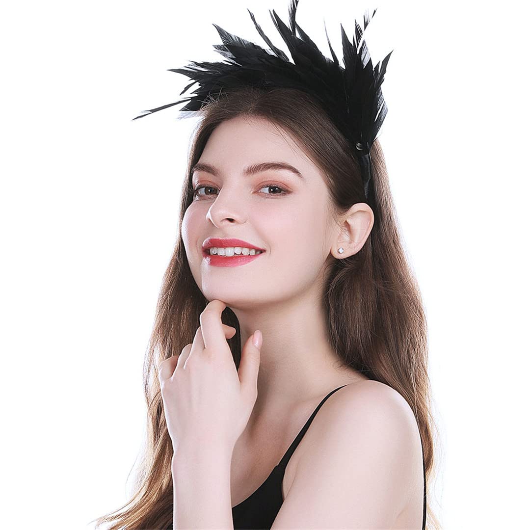 Vintage Feathers Headband 90S Female Headwear Solid Black Bridal Hair Accessories Feather Cocktail Hair Band Black