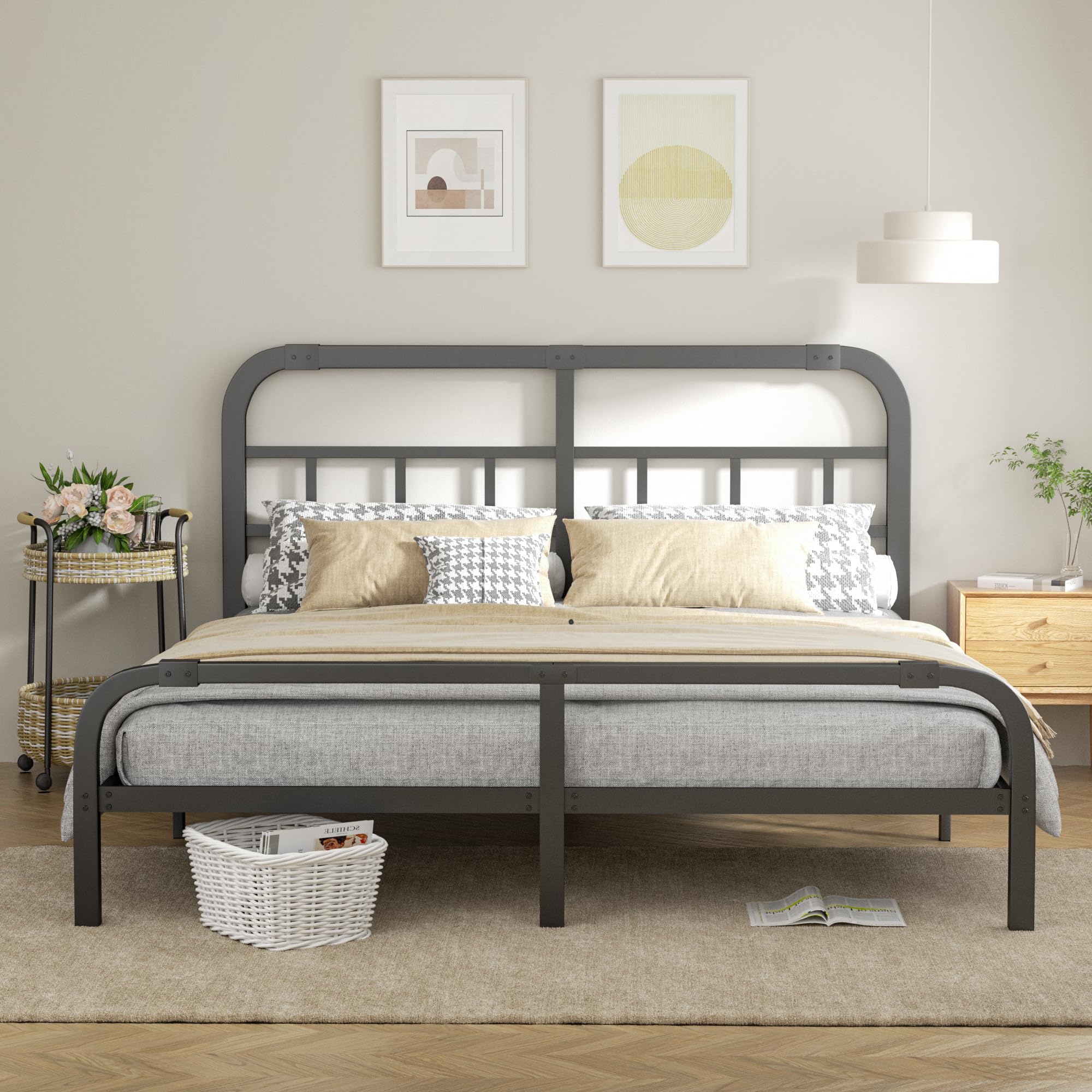ONEMO 14 Inch King Bed Frame with Headboard and Footboard Metal Platform Bed Frames Heavy Duty Mattress Foundation Quiet and Anti-Slip No Box Spring Needed Black